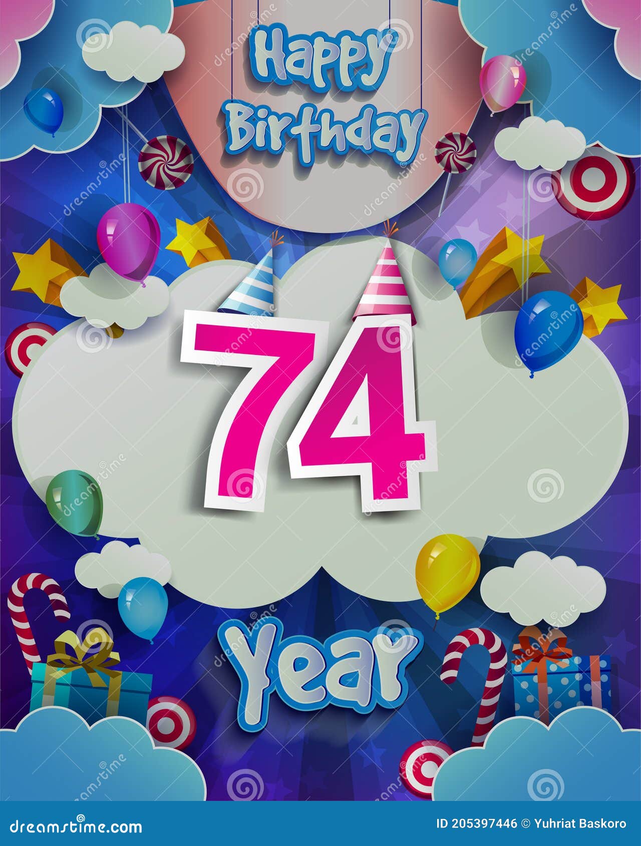 74th Birthday Celebration Greeting Card Design, with Clouds and ...