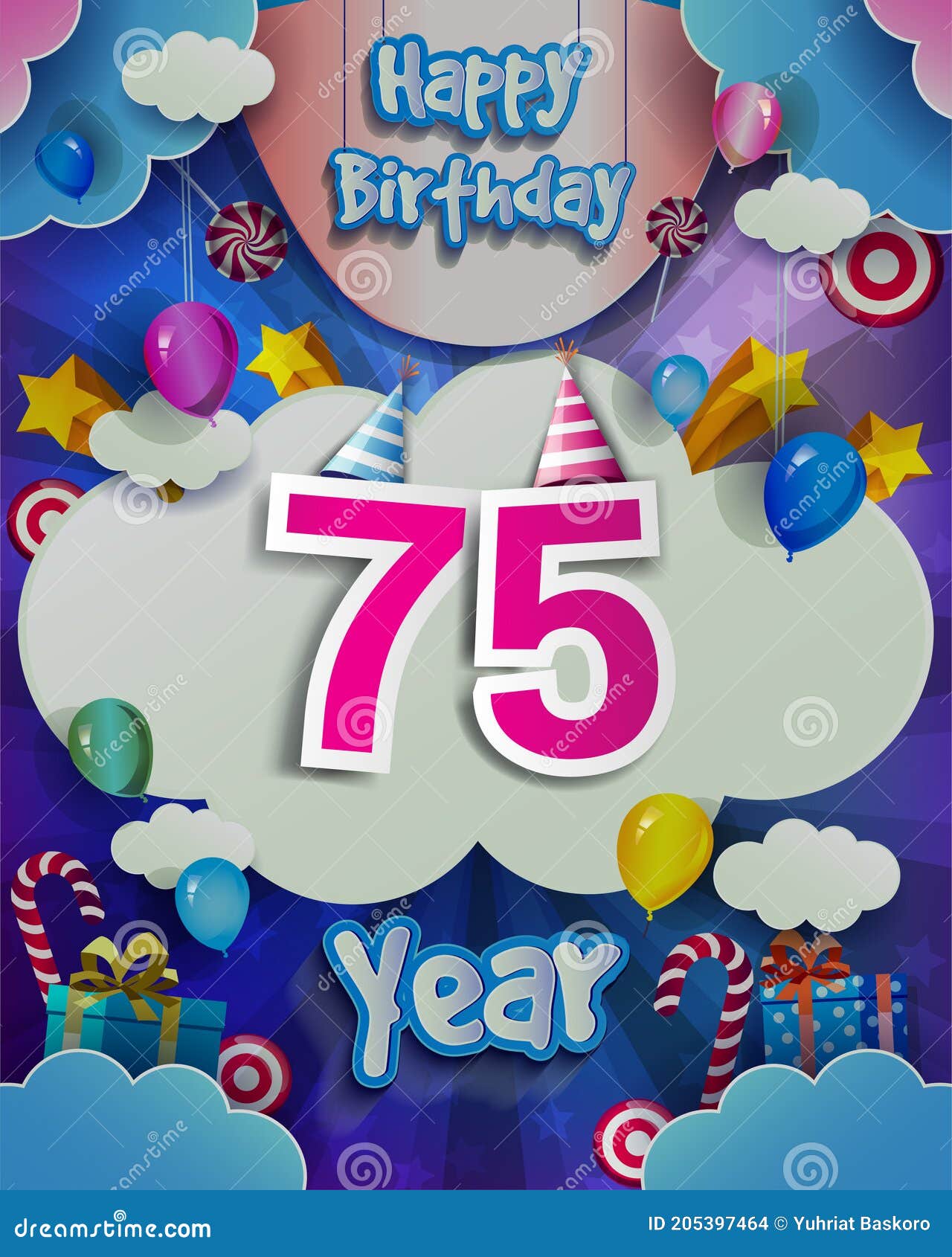 75th Birthday Celebration Greeting Card Design, with Clouds and ...