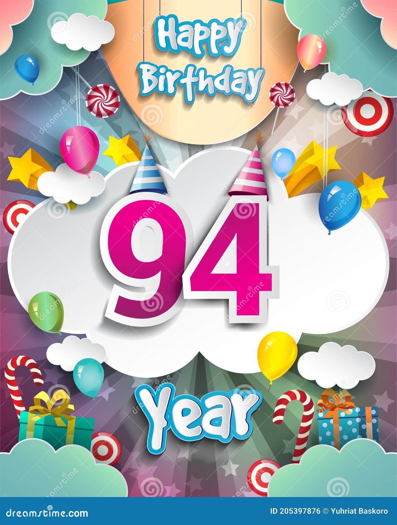 94th Birthday Celebration Greeting Card Design, with Clouds and ...