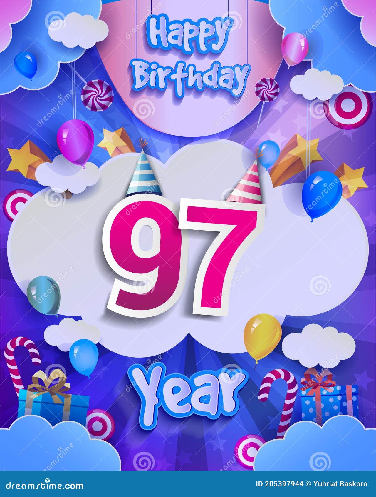 97th Birthday Celebration Greeting Card Design, with Clouds and ...