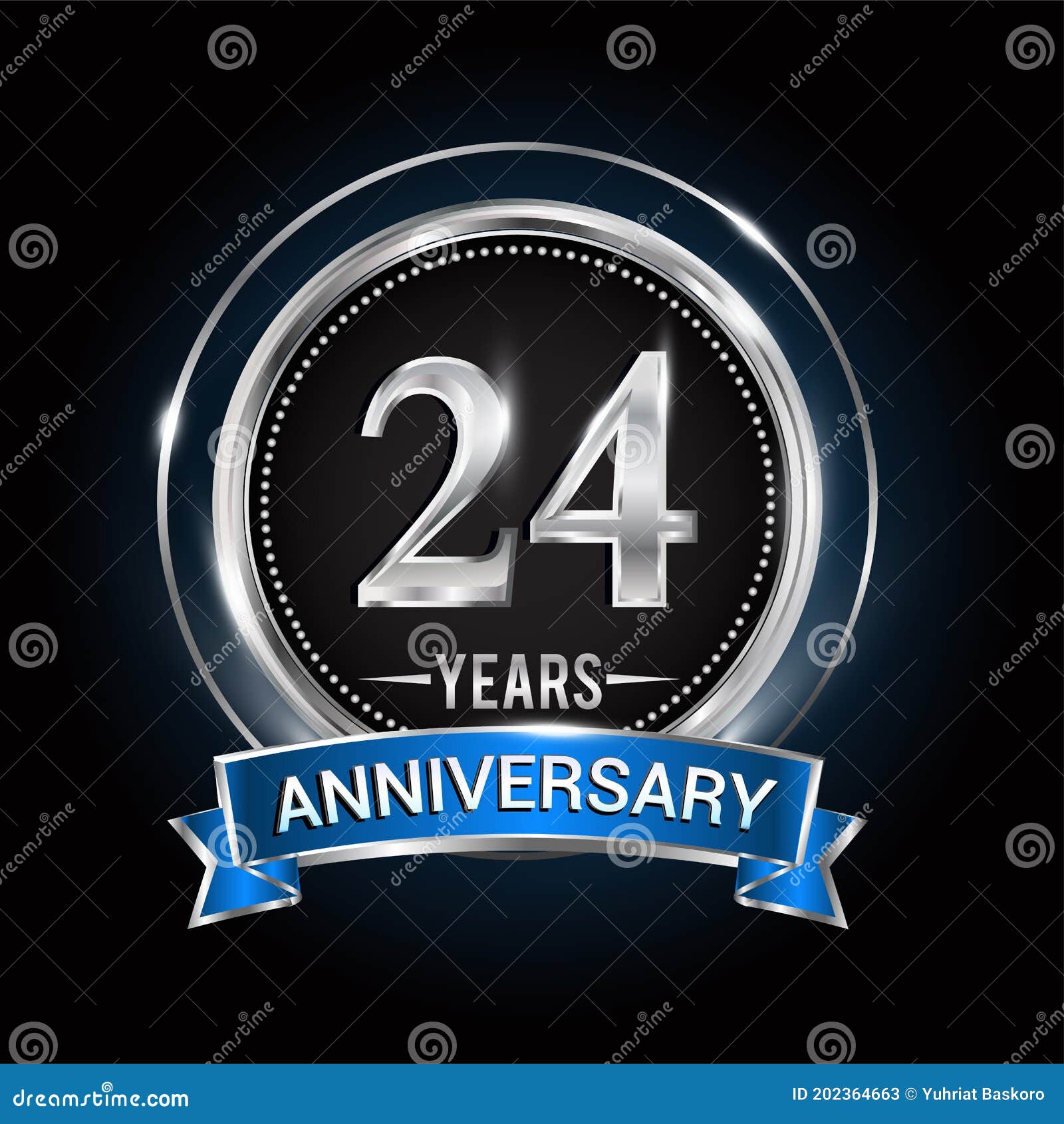 24th Birthday Logo with Silver Ring and Blue Ribbon, Vector Design ...