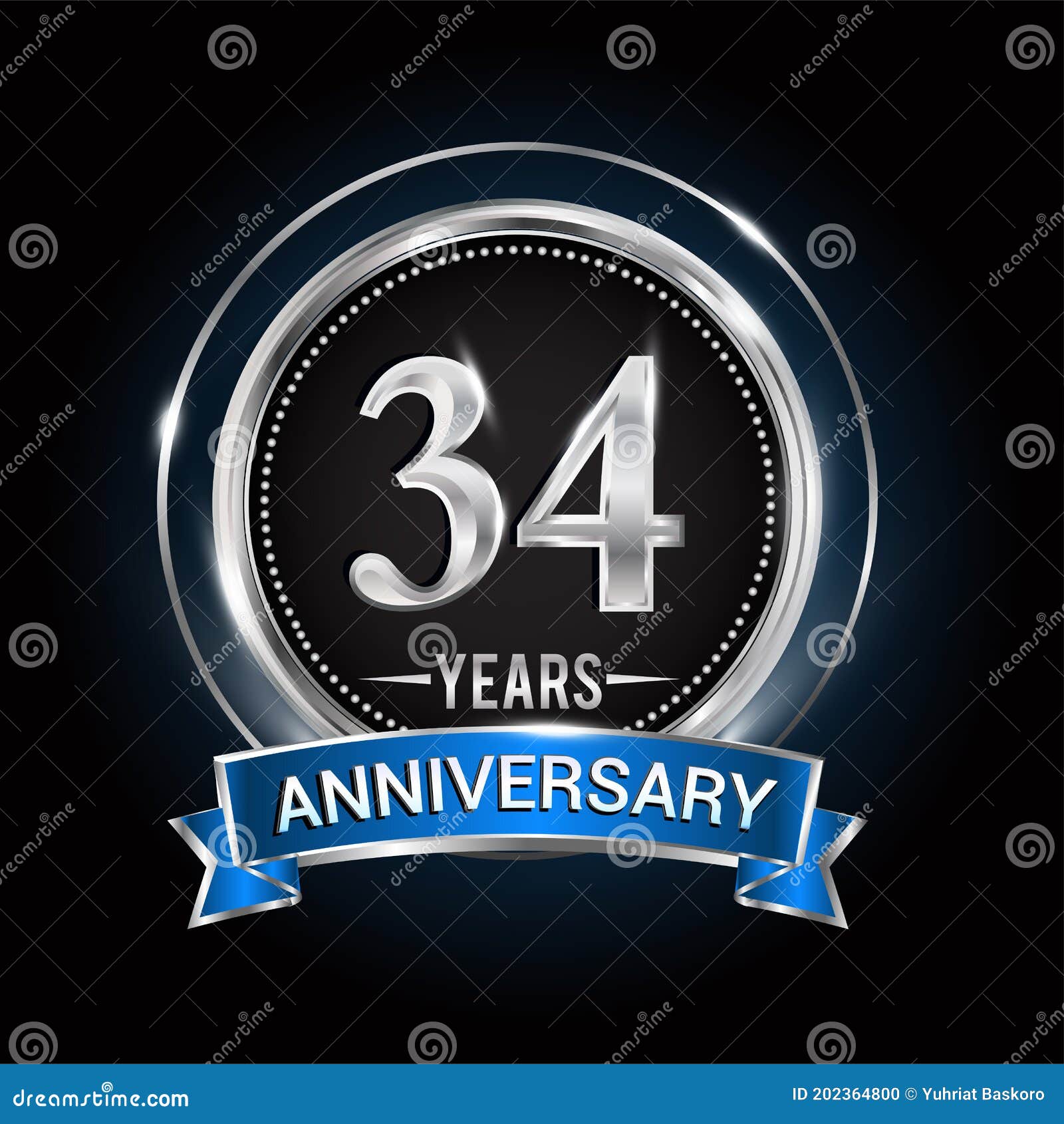 34th Birthday Logo with Silver Ring and Blue Ribbon, Vector Design ...