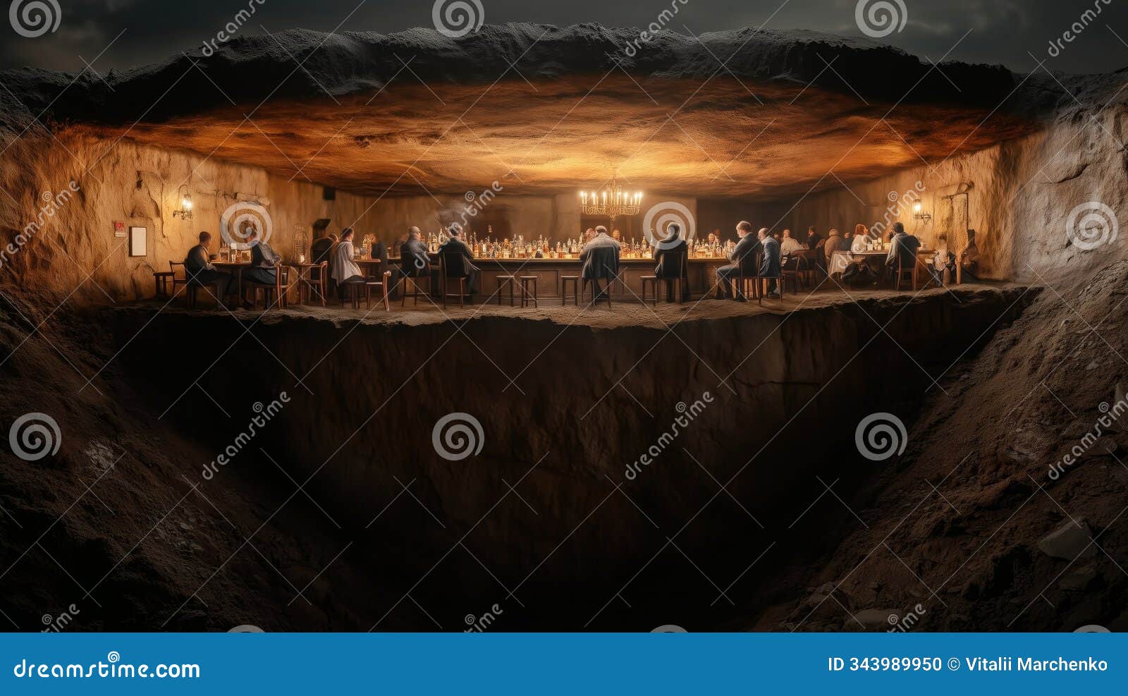 19th Century Underground Chamber with People Dining in Cross Sectional ...