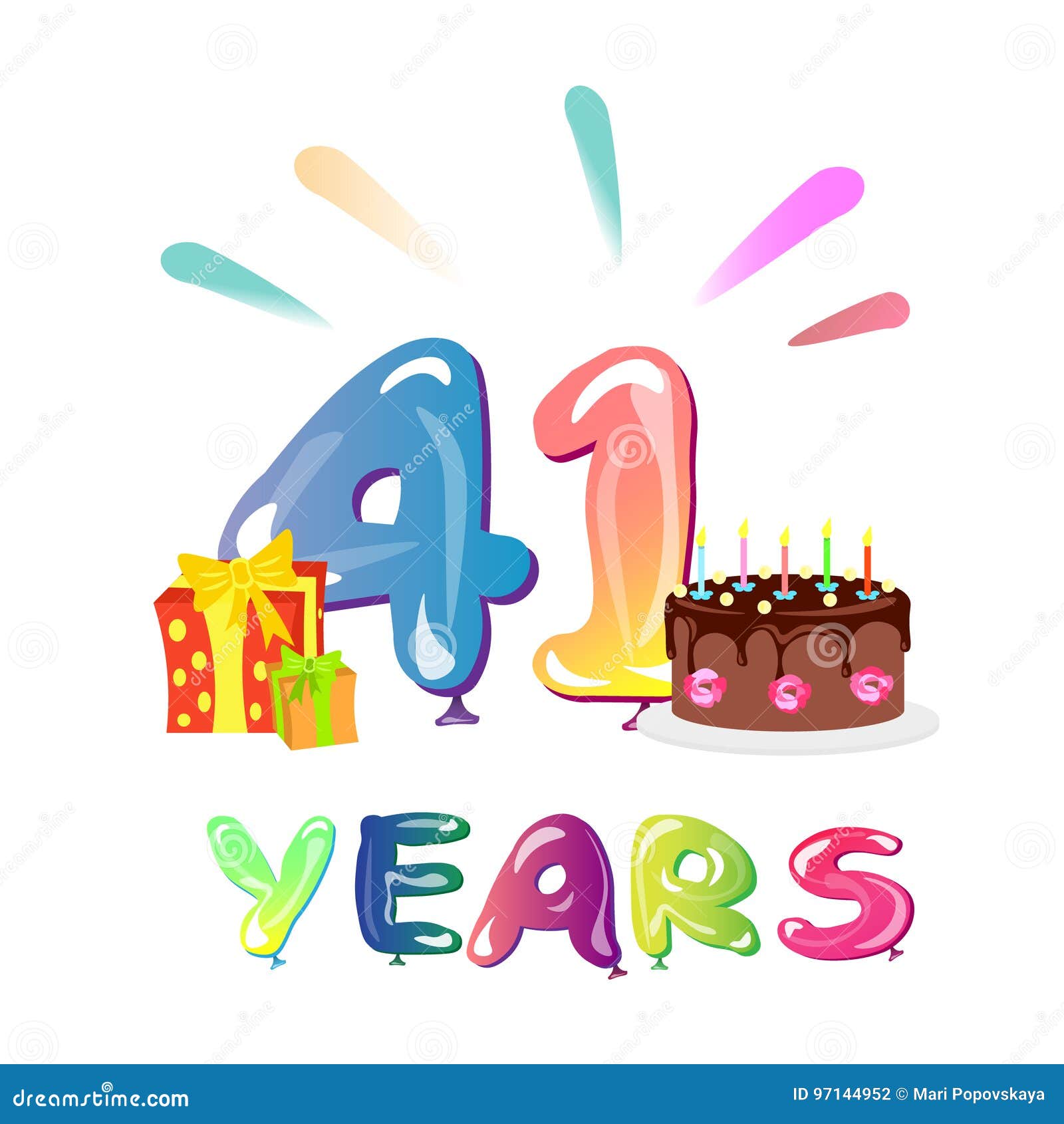 Happy 41th Birthday Gold Foil Balloon Greeting Background. Cartoon ...