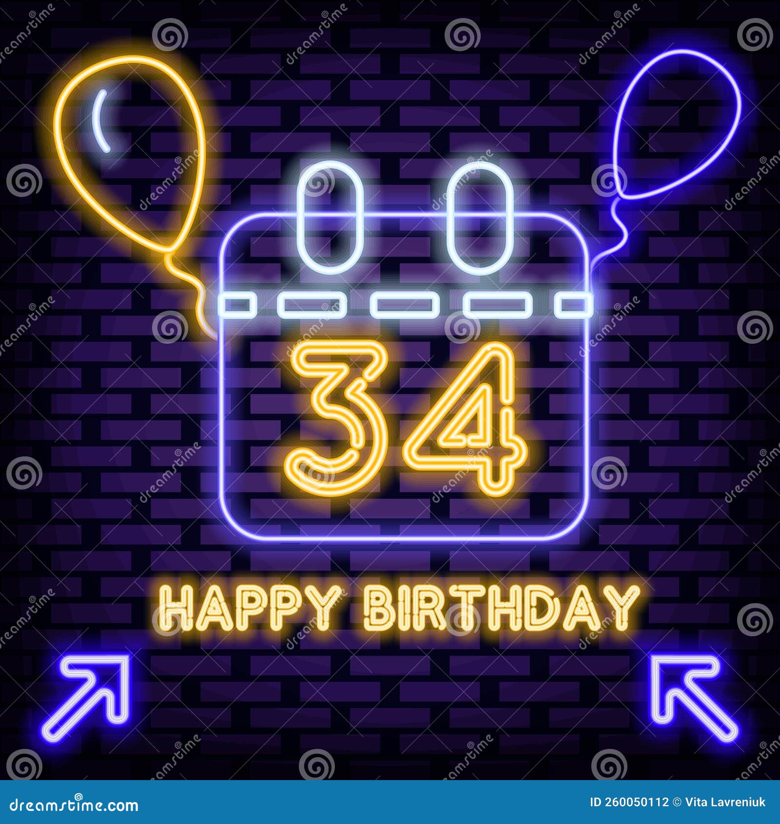 34th Happy Birthday 34 Year Old Neon Sign. Neon Script. Light Art Stock ...