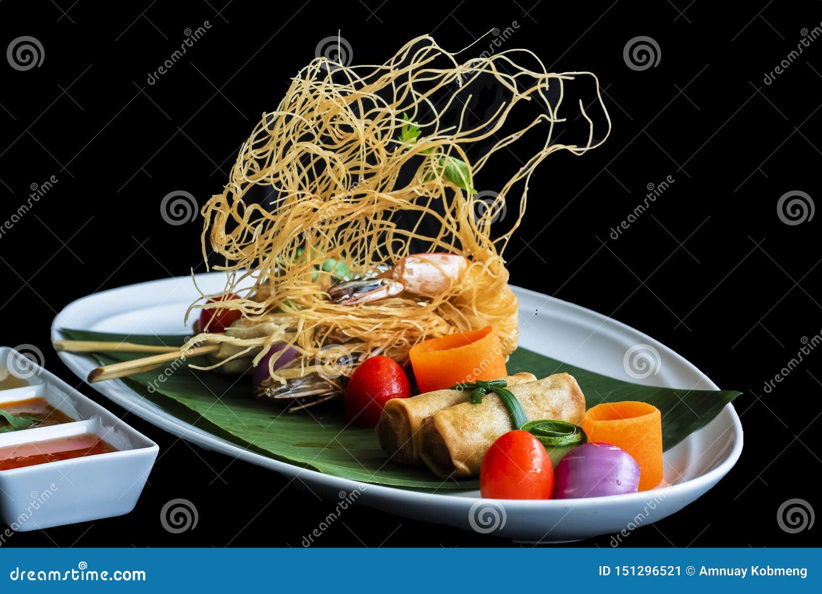 Thai Appetizers Spring Rolls, Crispy Prawn, Thai Sausage, Chicken Satay ...