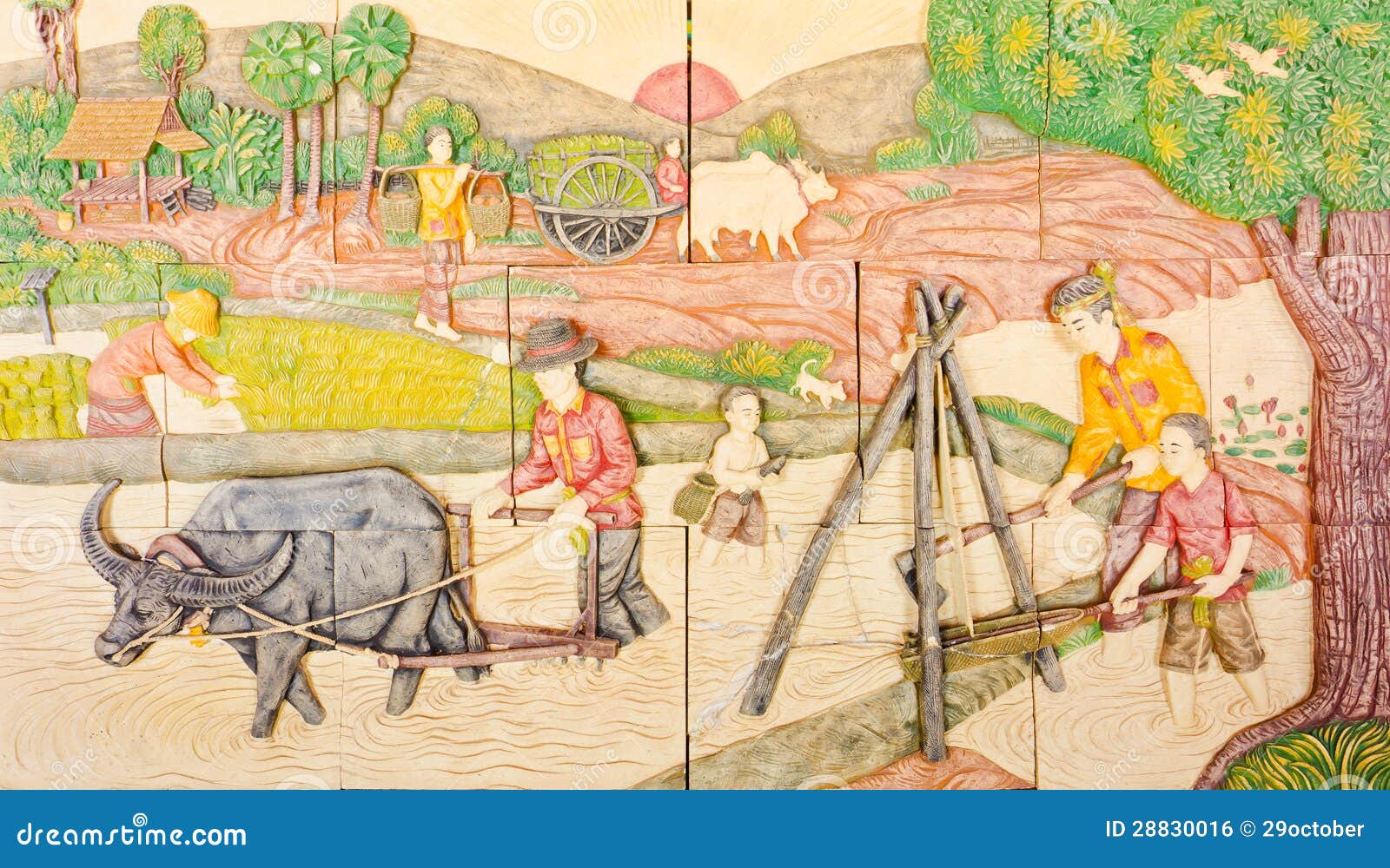 Thai Art in Old Native Life Stock Illustration - Illustration of tree ...