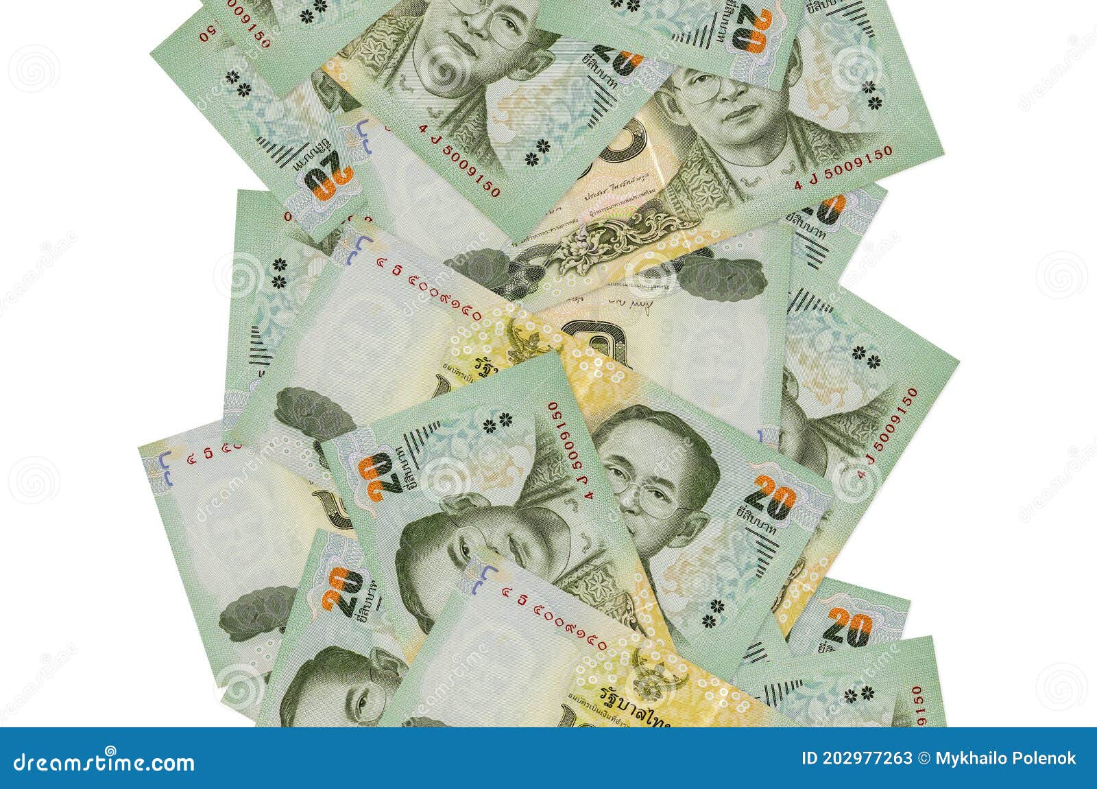 20 Thai Baht Bills Flying Down Isolated on White. Many Banknotes ...