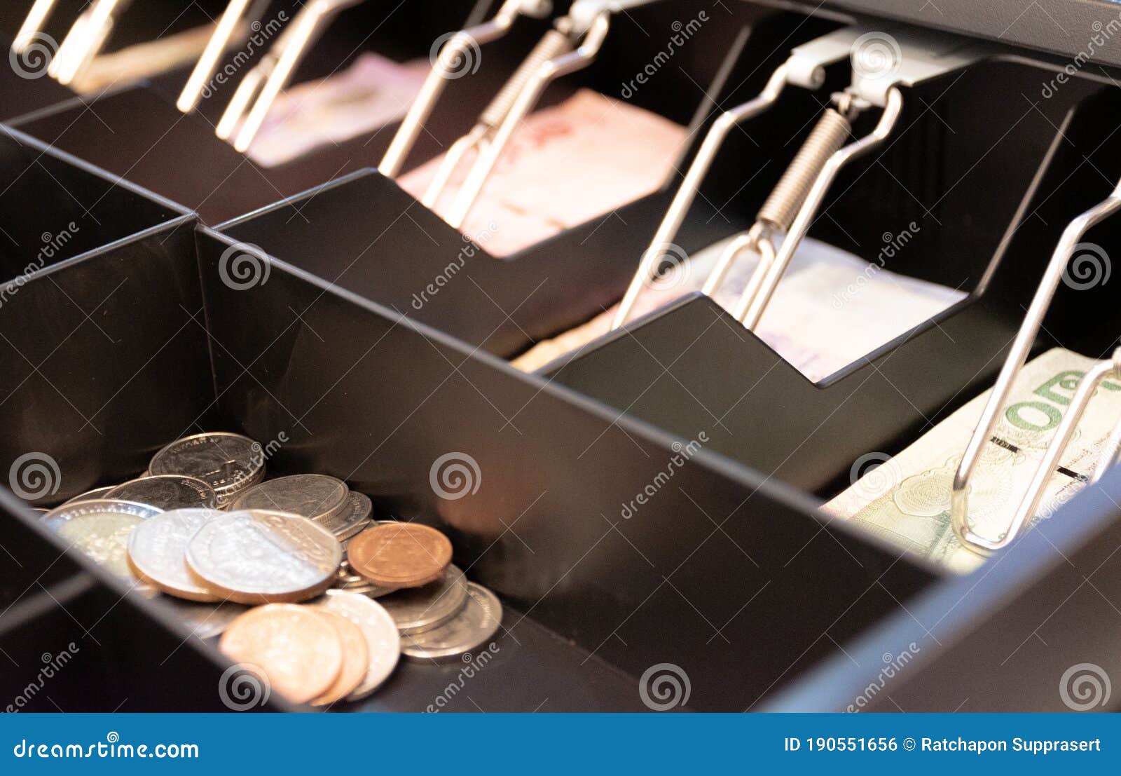 Thai Bank Notes and Coins are in the Cashier Machine Stock Photo ...