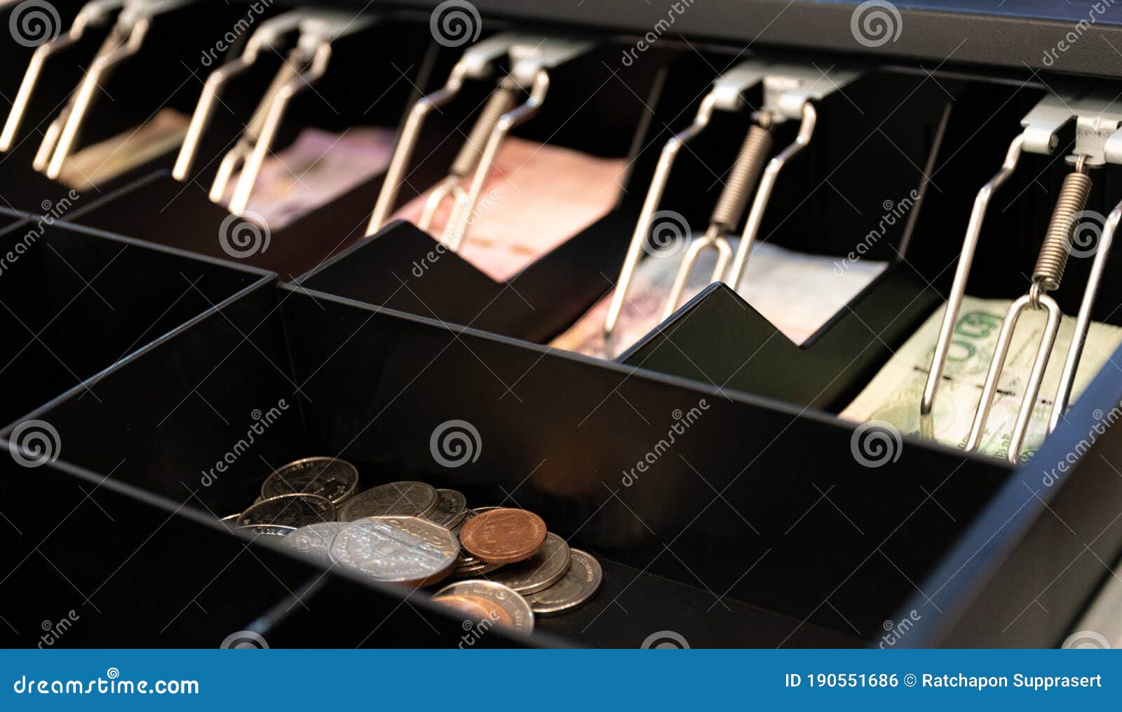 Thai Bank Notes and Coins are in the Cashier Machine Stock Photo ...