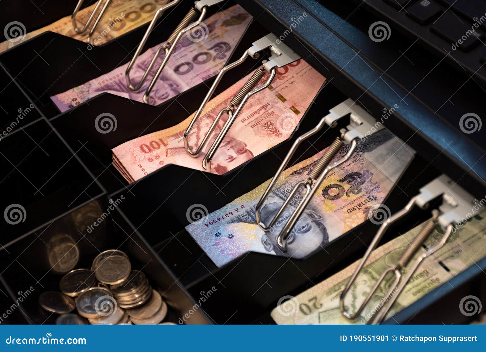 Thai Bank Notes and Coins are in the Cashier Machine Editorial Photo ...