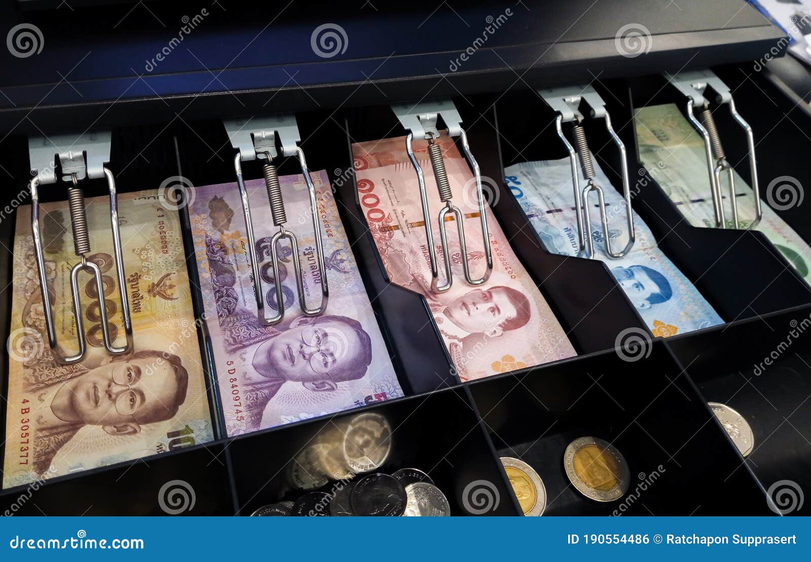 Thai Bank Notes and Coins are in the Cashier Machine Editorial Photo ...