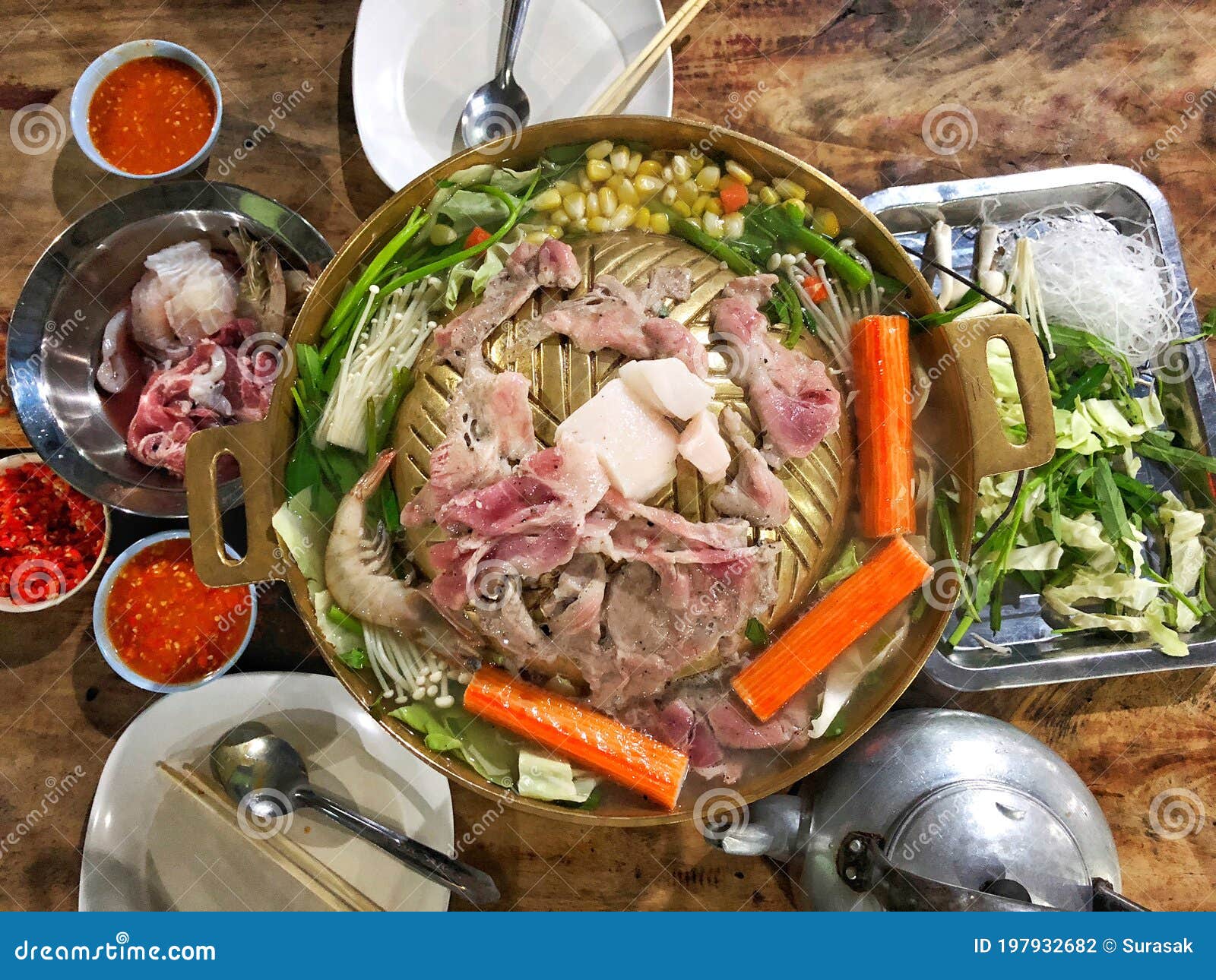 Thai Barbecue Buffet Pork, Meat, Vegetable Stock Photo - Image of ...
