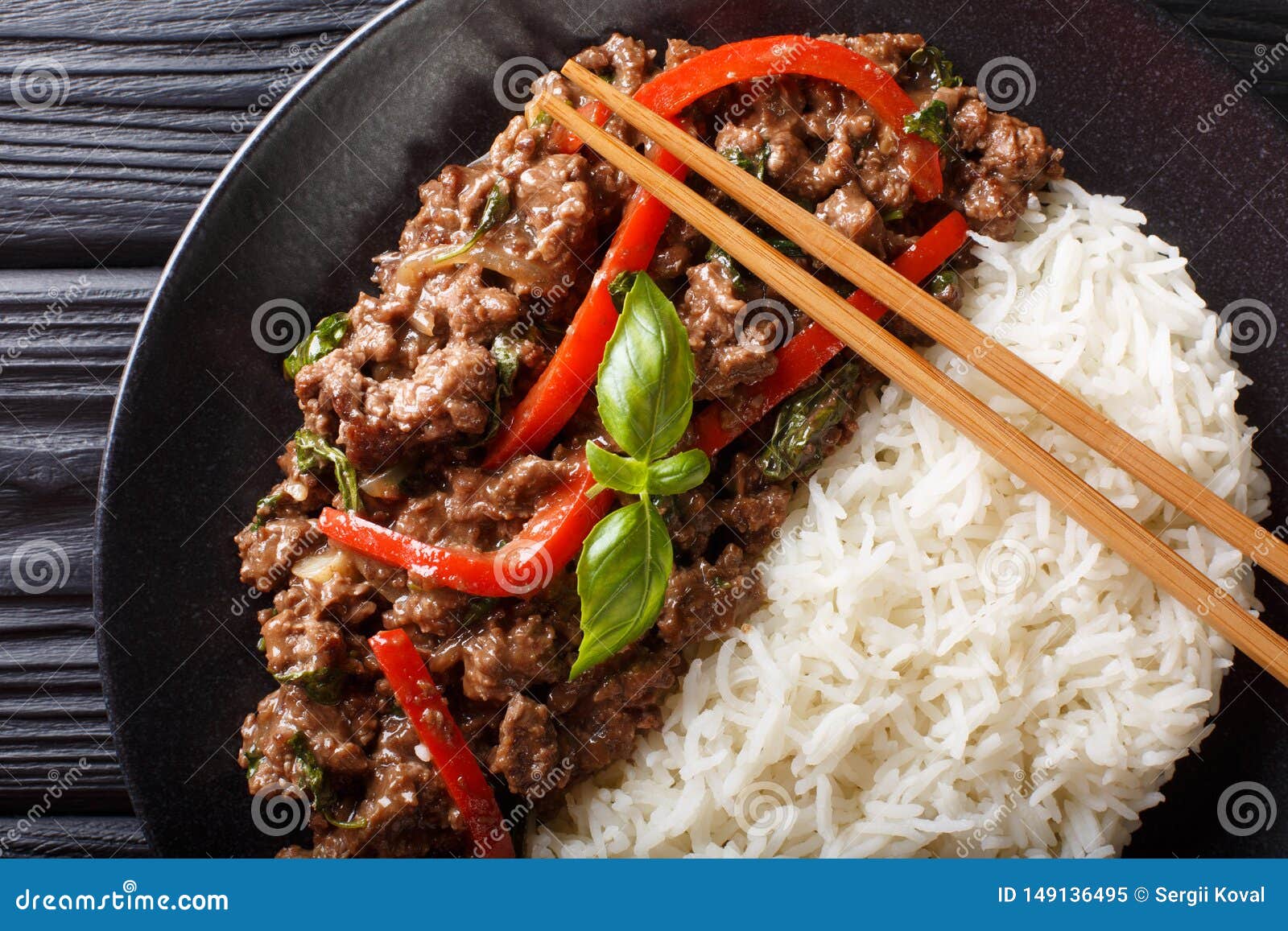 Thai Basil Beef, or Pad Gra Prow with Rice Side Dish Close-up ...