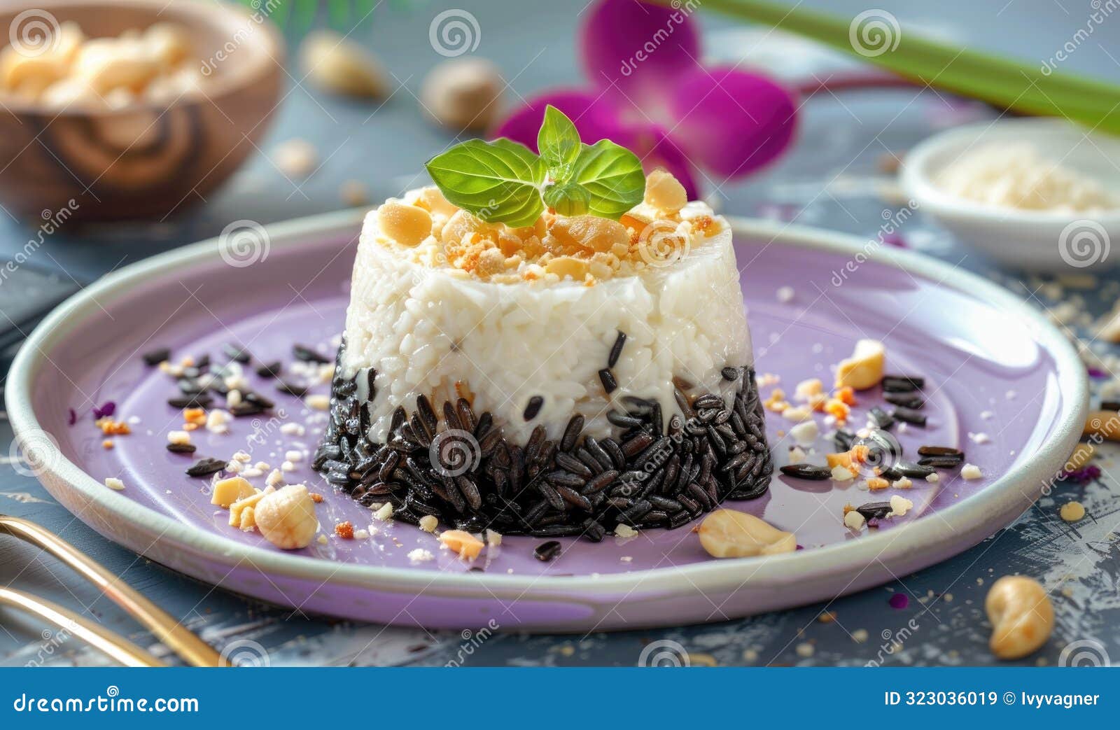 Thai Black Sticky Rice Pudding on a Pastel Purple Plate Stock Image ...
