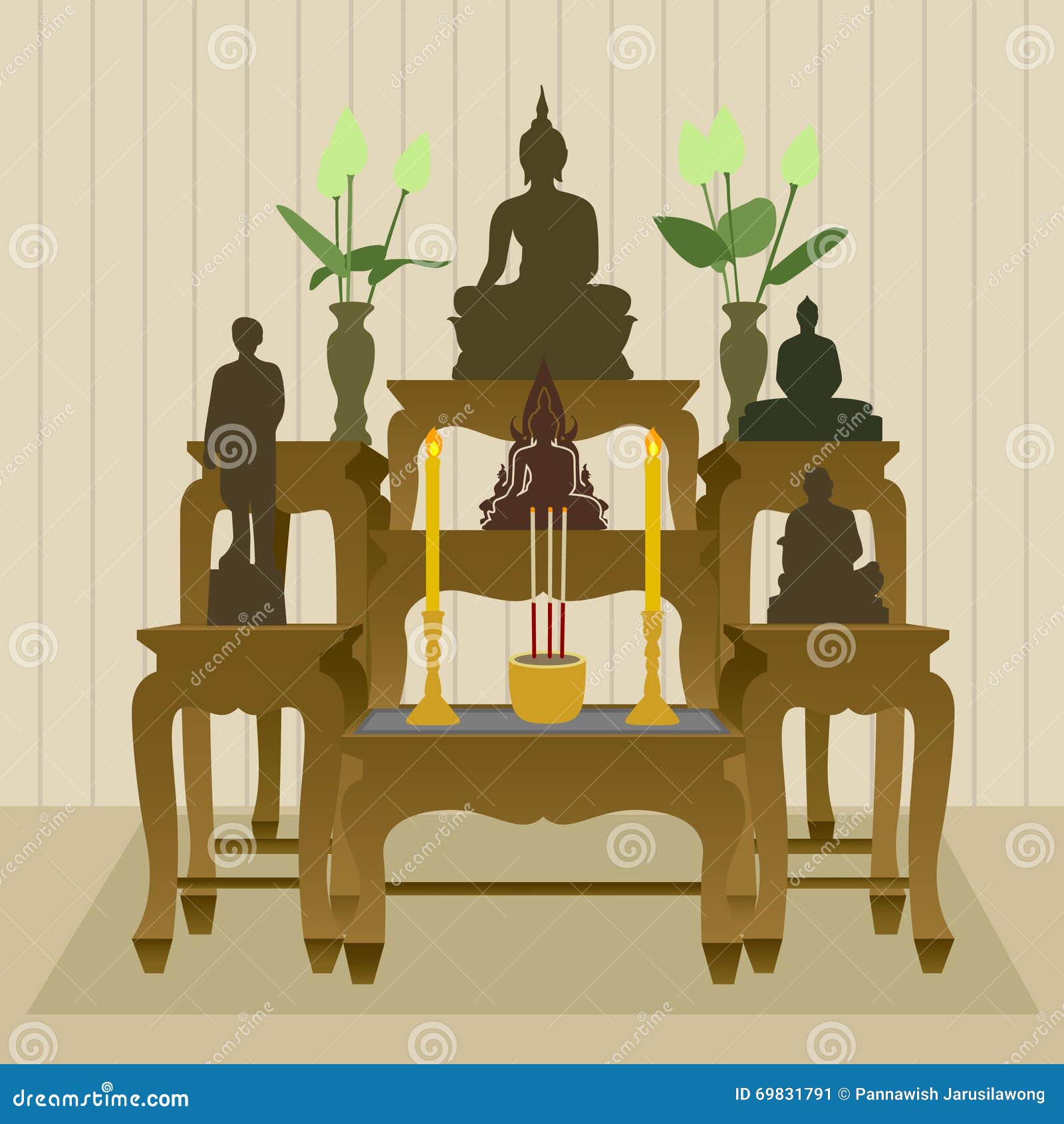 Thai Buddhist Altar Table Set Cartoon Vector | CartoonDealer.com #69831791