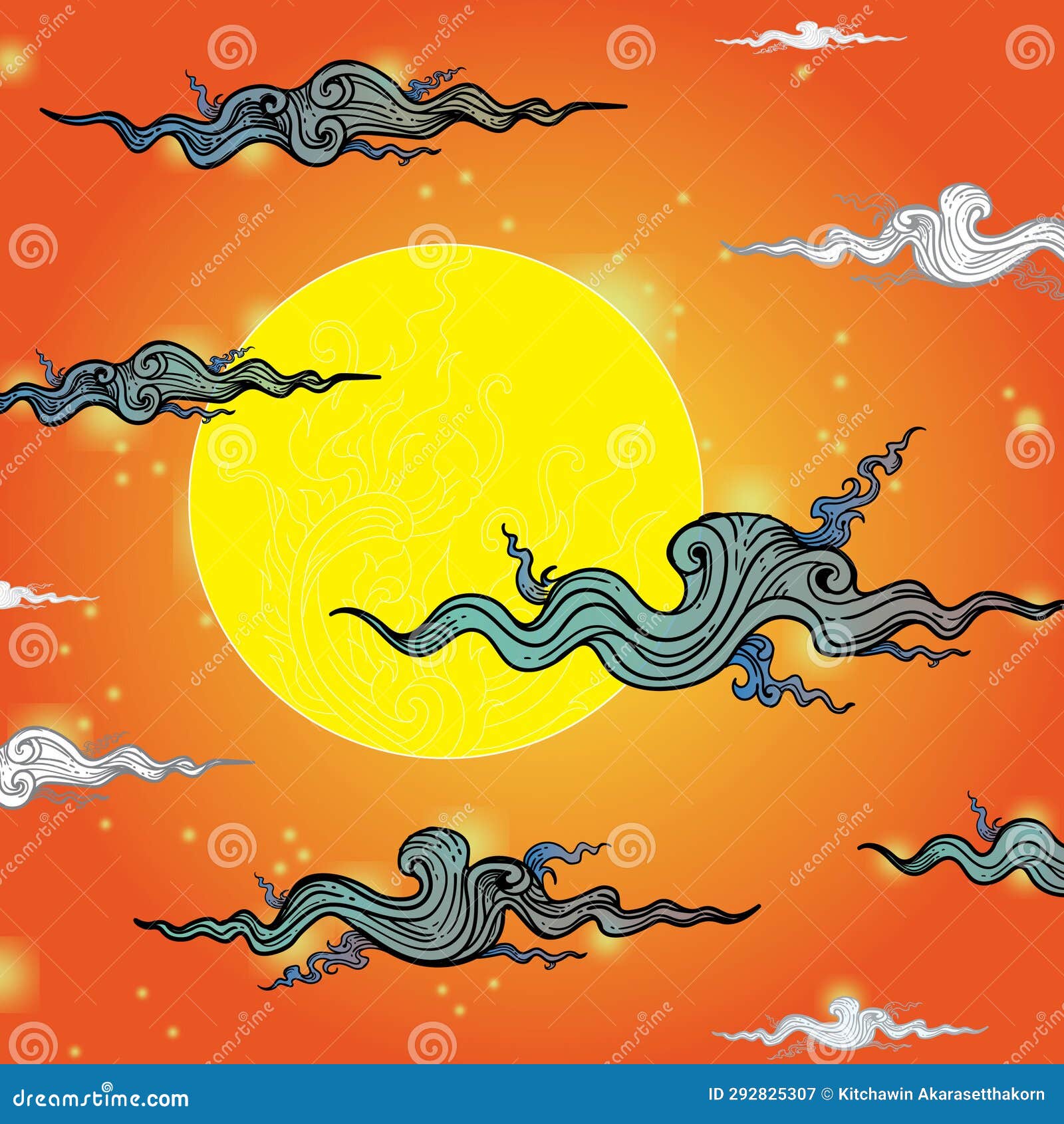 Thai Cloud Sun Lineart Sky Asia Moon Stock Illustration - Illustration ...