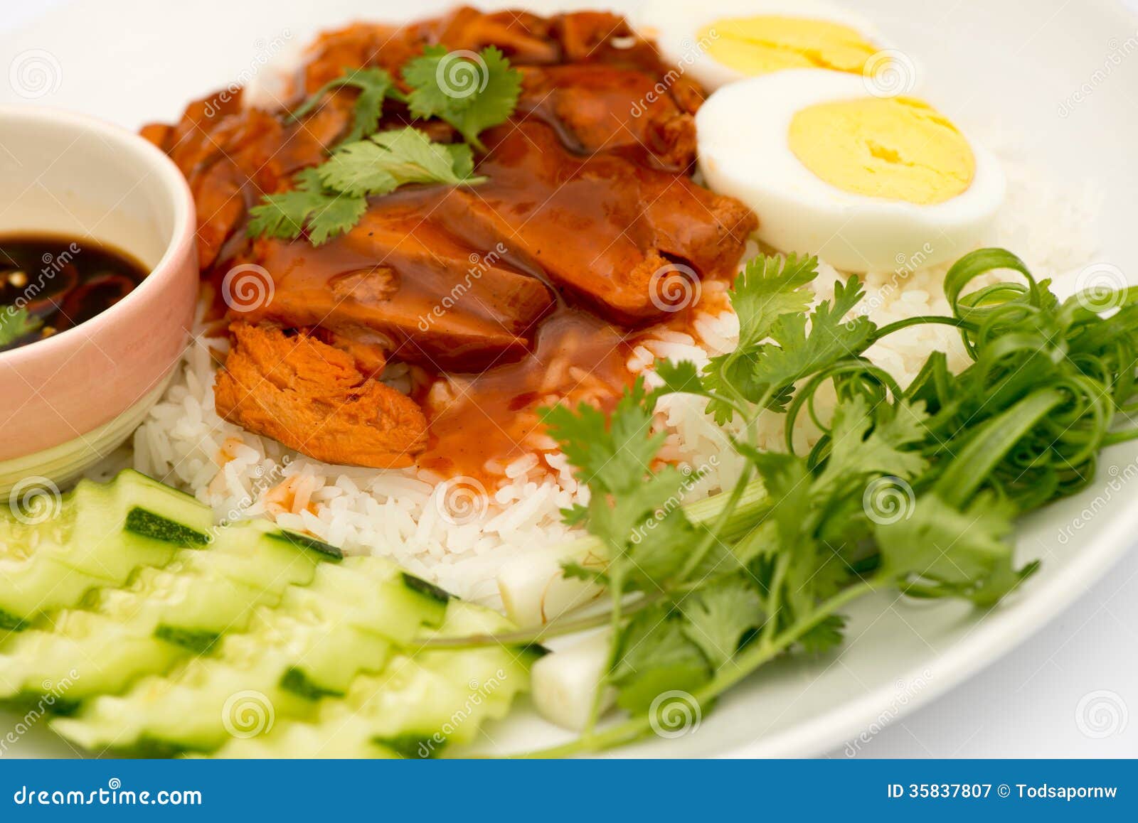 Thai Cuisine Red Pork Over Rice with Boiled Egg Stock Image - Image of ...