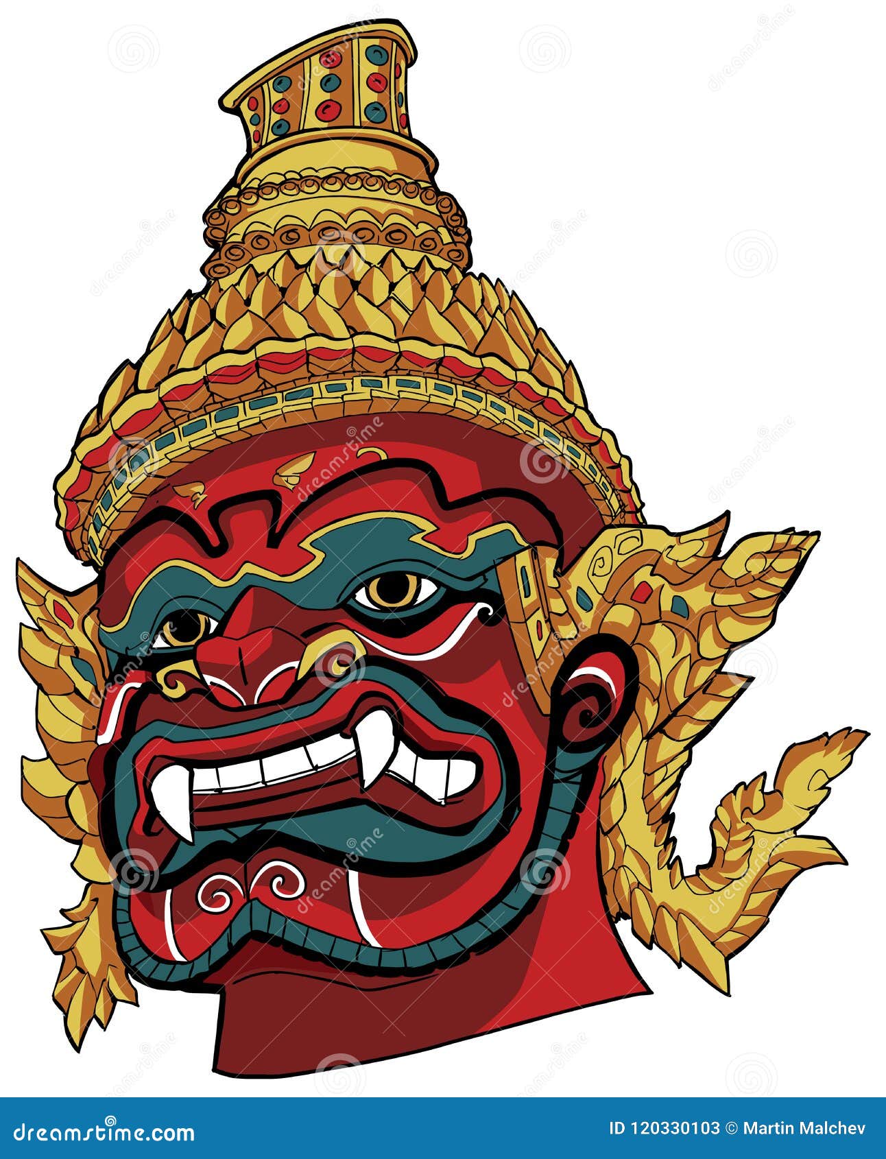 Thai Demon Mask With Water Splash And Peony Flower Tattoo.Traditional ...