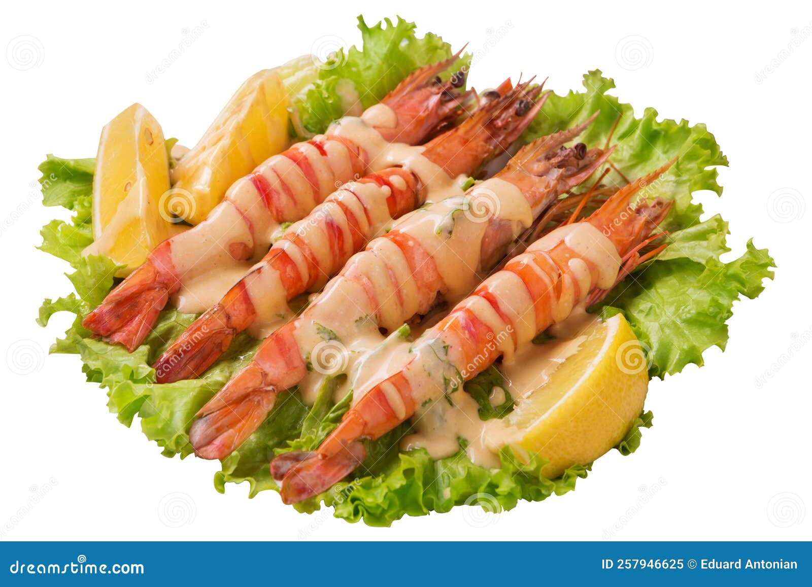 Thai Dish, Large King Prawns Lying on Lettuce, Under White Sauce, with ...
