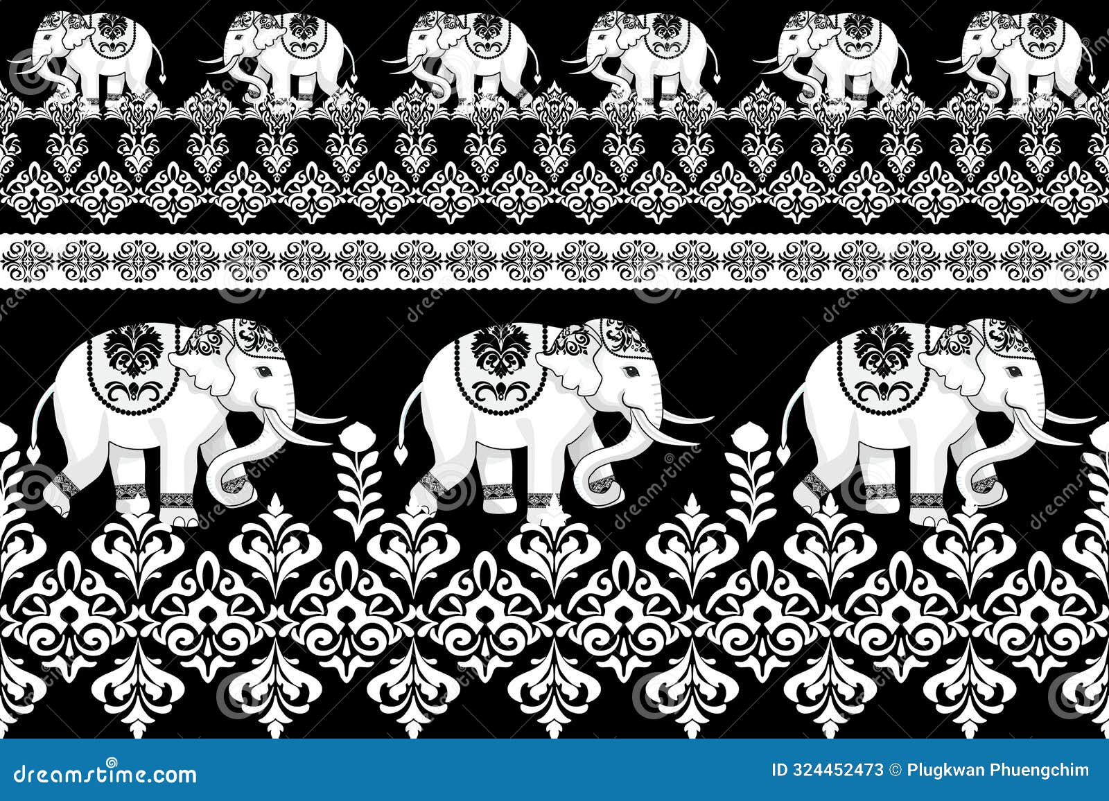 Thai Elephant Vector Illustration with Ornamental Patterns Motifs in ...
