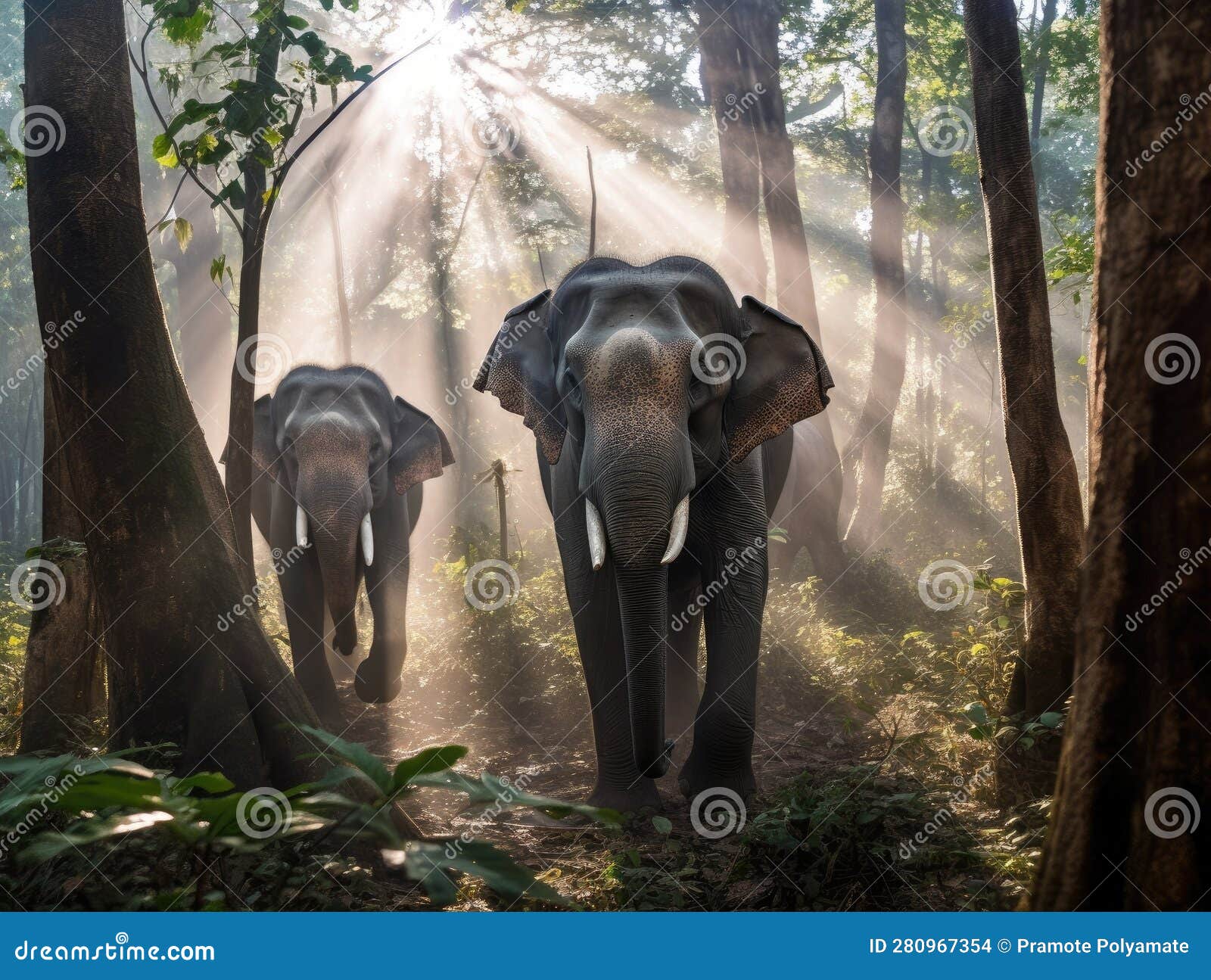 Thai Elephants Trekking Through Misty Jungle Landscape With Mountainous ...