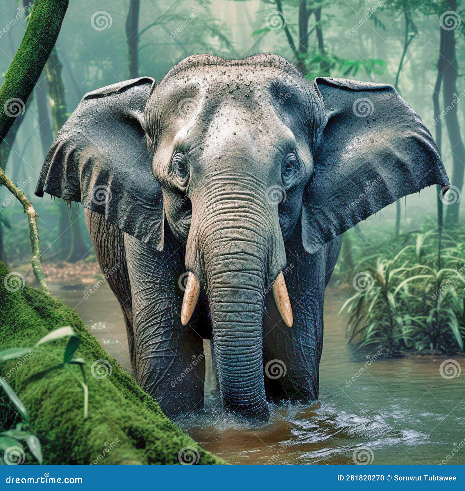 Thai Elephants Walking in Streams, Forests of Asia Stock Illustration ...