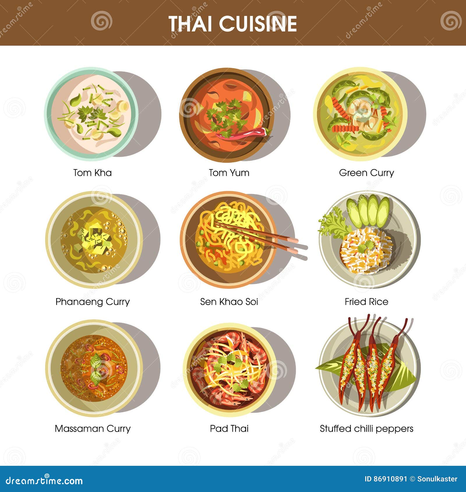 Thai Food Cuisine Vector Icons For Restaurant Menu