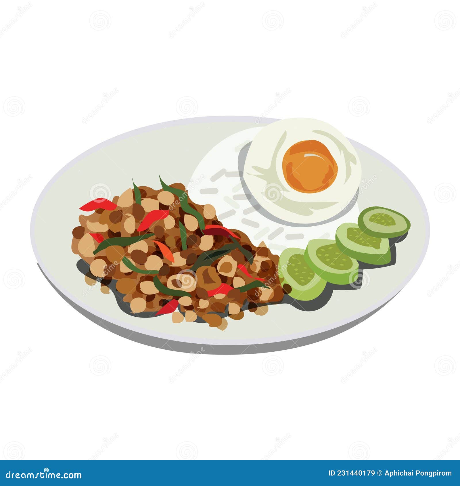 Vector Illustration Basil Fried Rice with Fried Egg, Chili, Basil ...