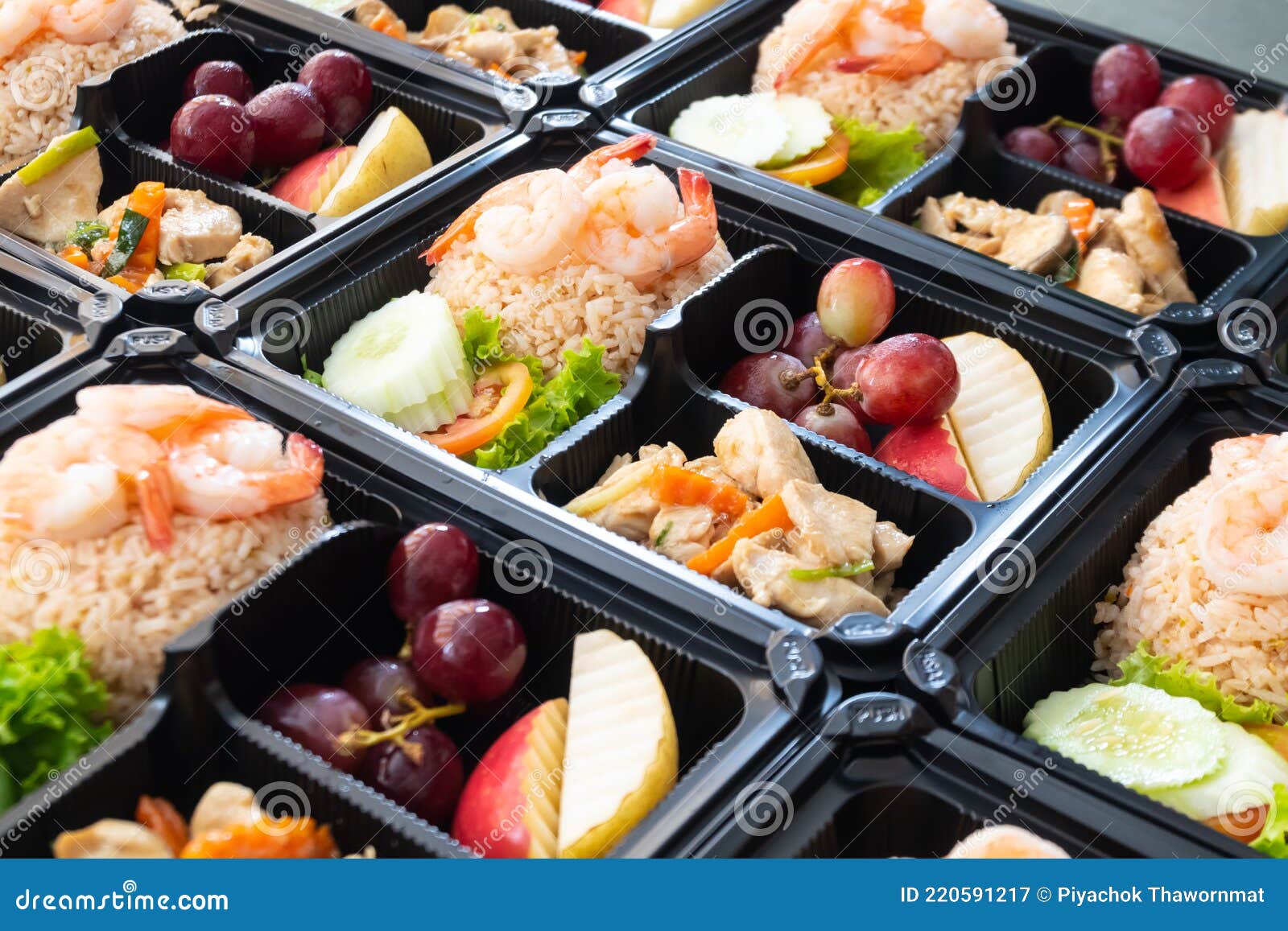 Food Lunch Boxes in Plastic Packages, Thai Shrimp Fried Rice Stock ...