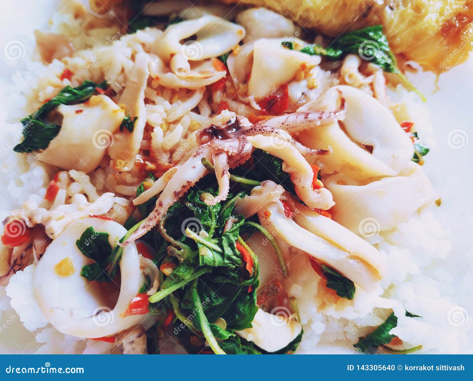 Thai Food, White Rice and Stir Fried Squid with Basil Leaves Stock ...