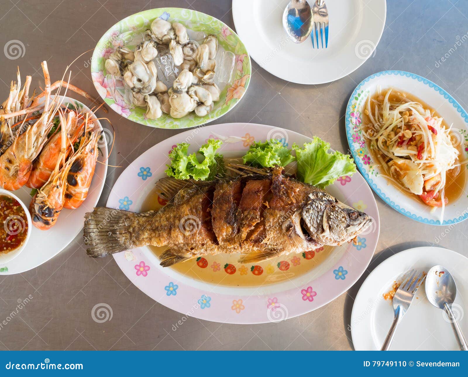 Thai fried fish set. stock photo. Image of meal, horizontal - 79749110