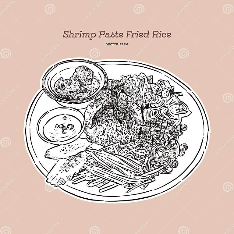 Thai Fried Rice with Shrimp Paste, Khao Kluk Kapi. Hand Draw Vector ...