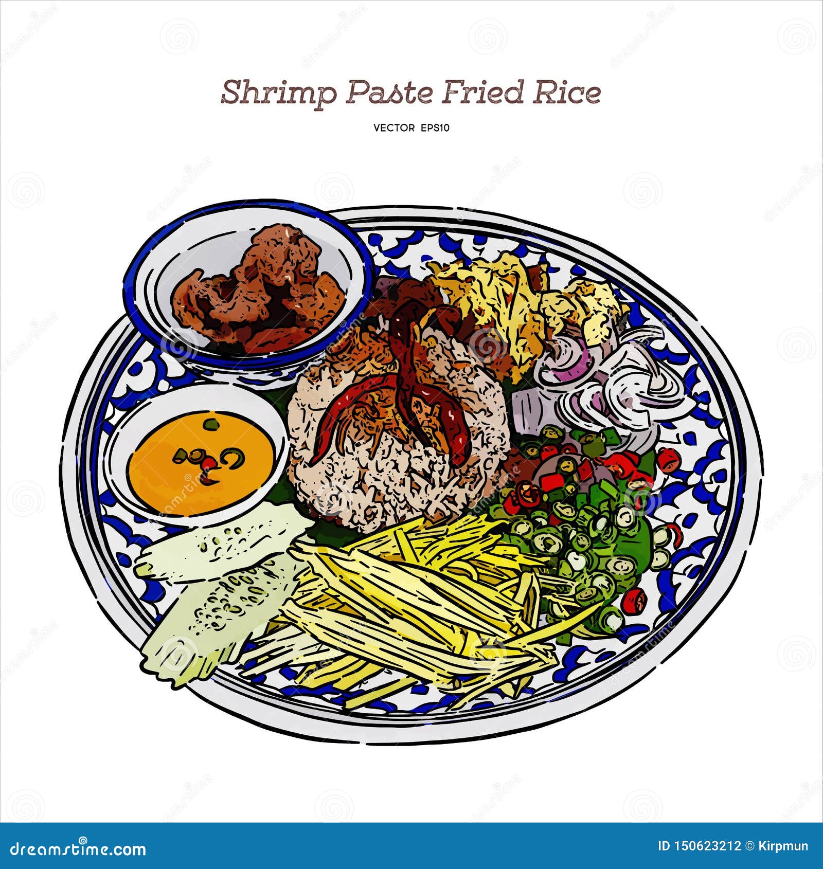Thai Fried Rice with Shrimp Paste, Khao Kluk Kapi. Hand Draw Vector ...