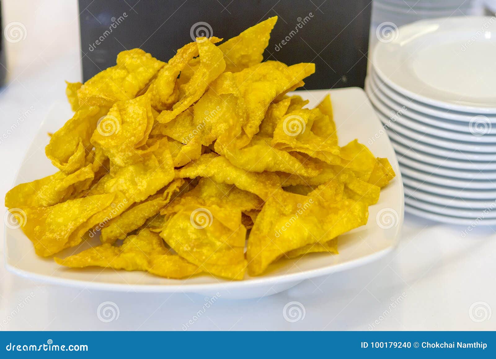Thai Fried Wonton in White Plate Stock Photo - Image of american, green ...
