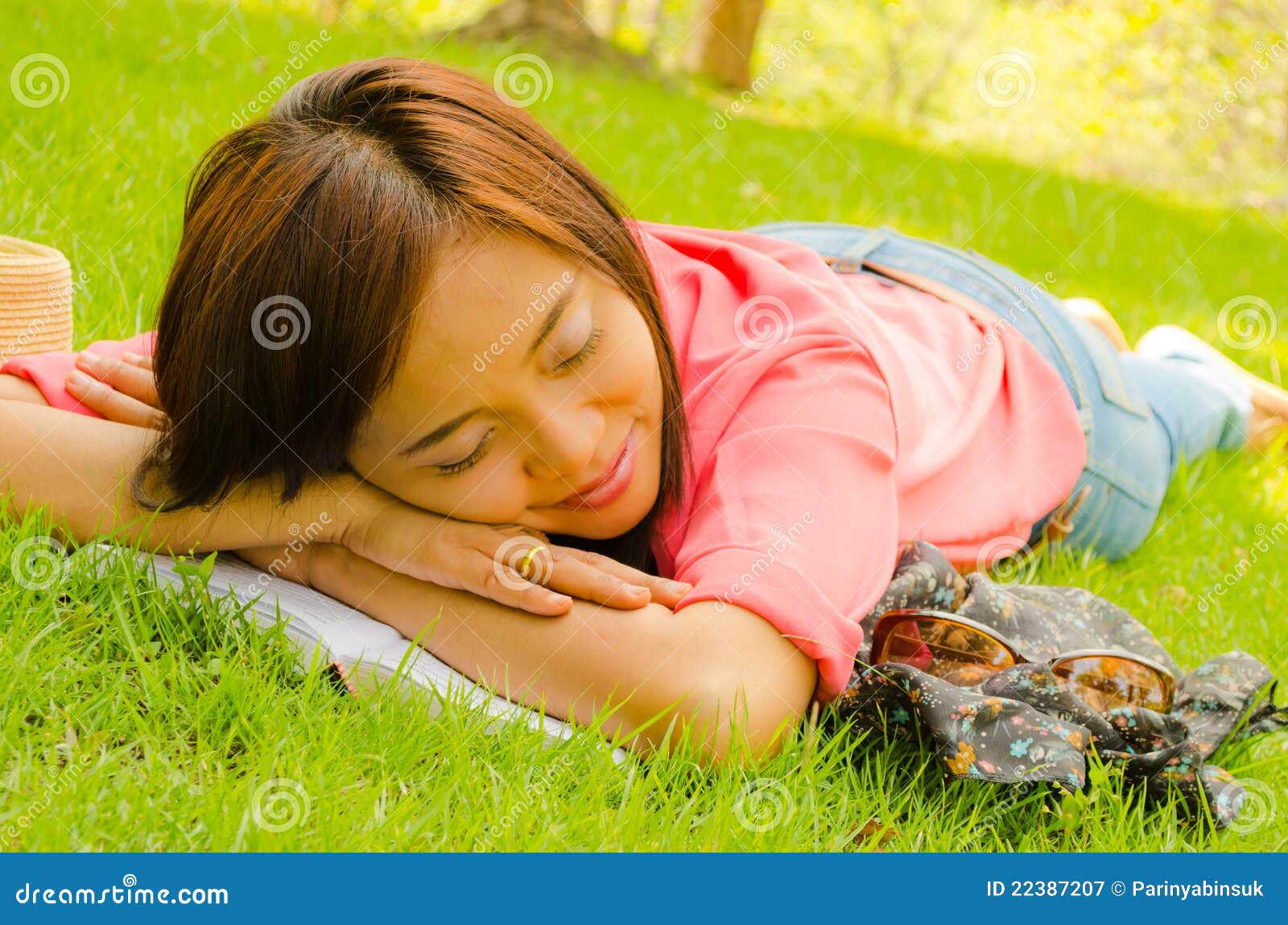Thai Girl Sleeping on Grass in Park Stock Image - Image of happy ...