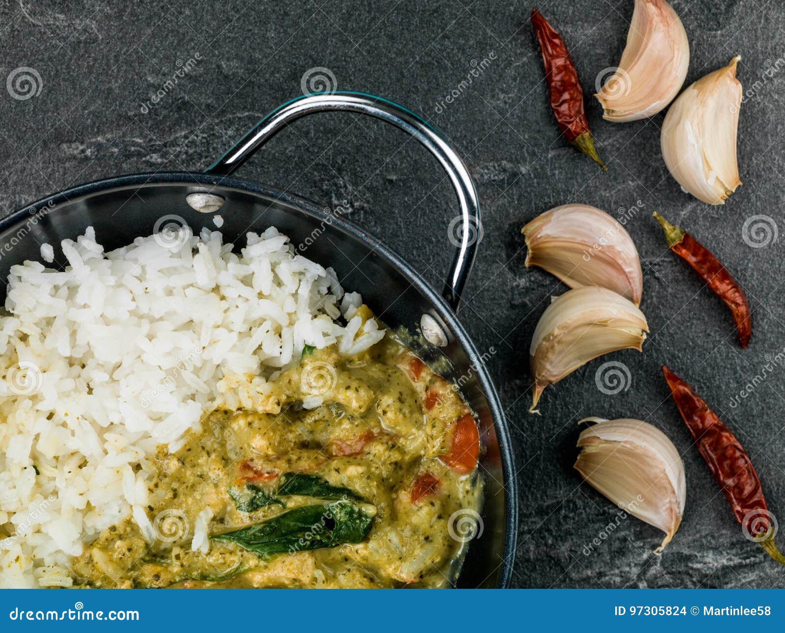 Thai Green Chicken Curry with Rice Stock Photo - Image of composition ...