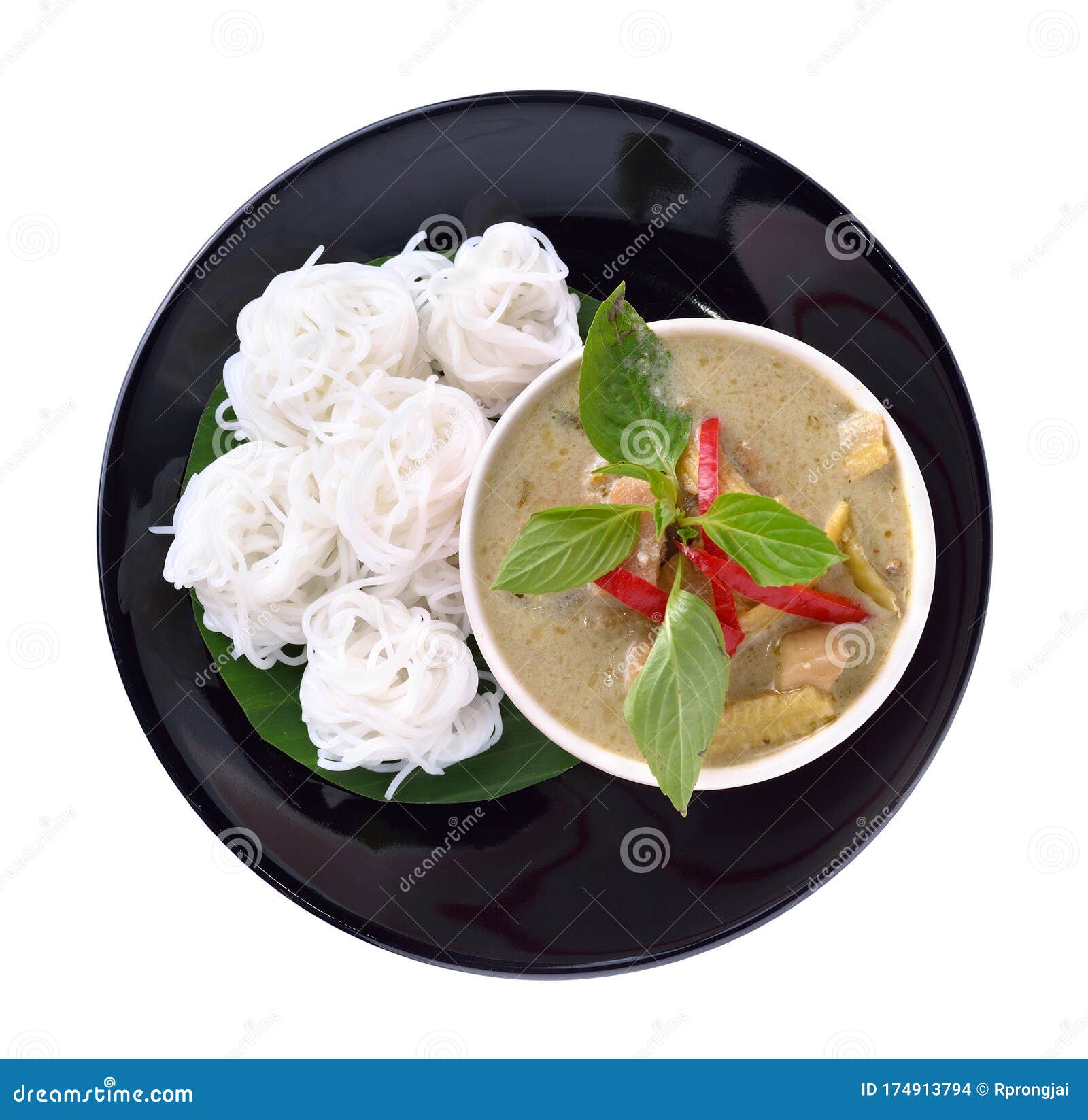 Thai Green Curry and Rice Noodles Served on White Dish Stock Photo ...
