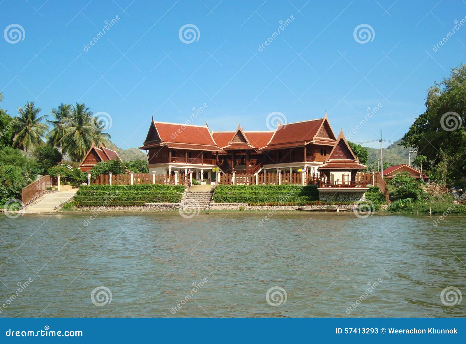 Thai Home at Riverside of River. Stock Image - Image of house ...