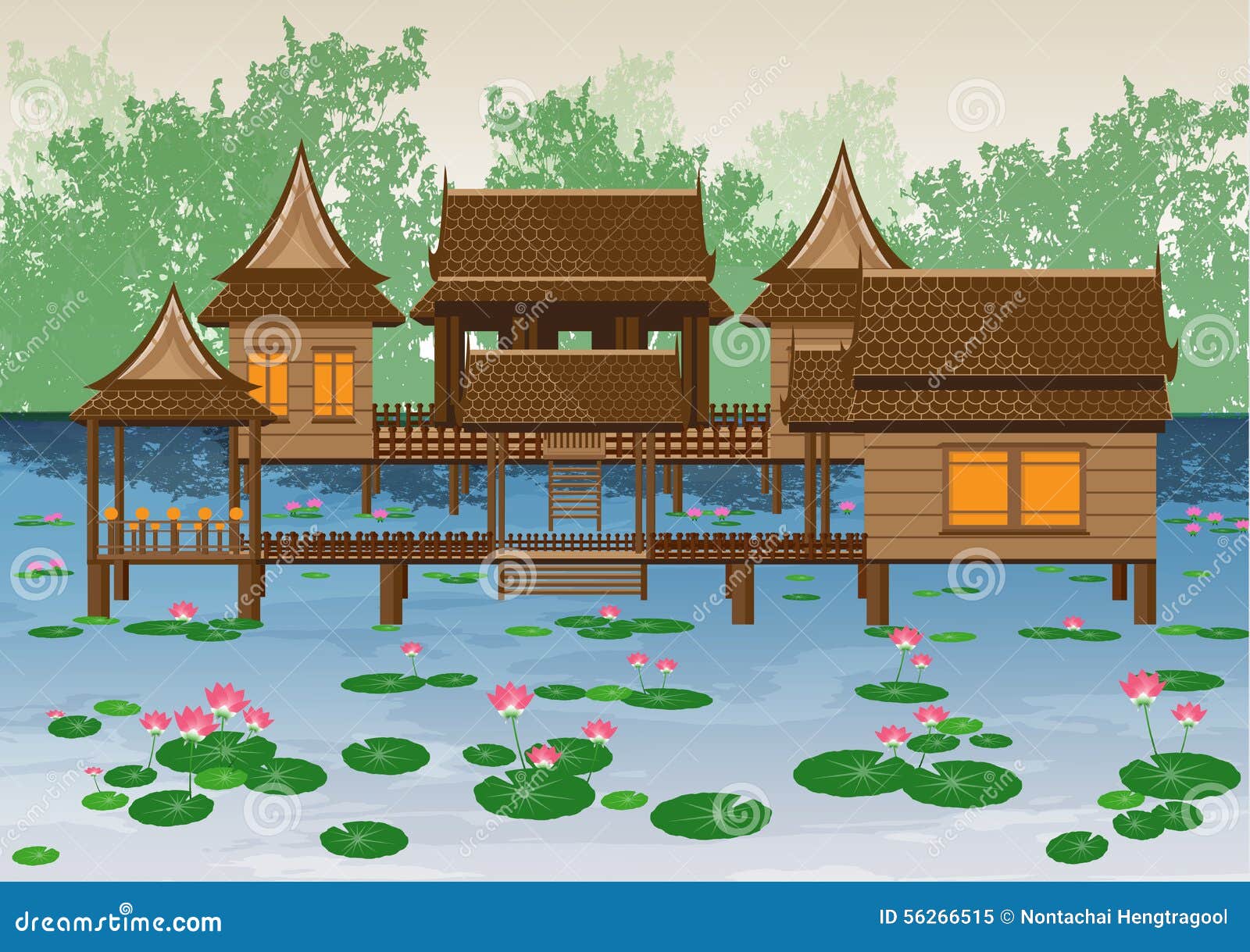 Thai house in lotus pond stock vector. Illustration of beautiful - 56266515
