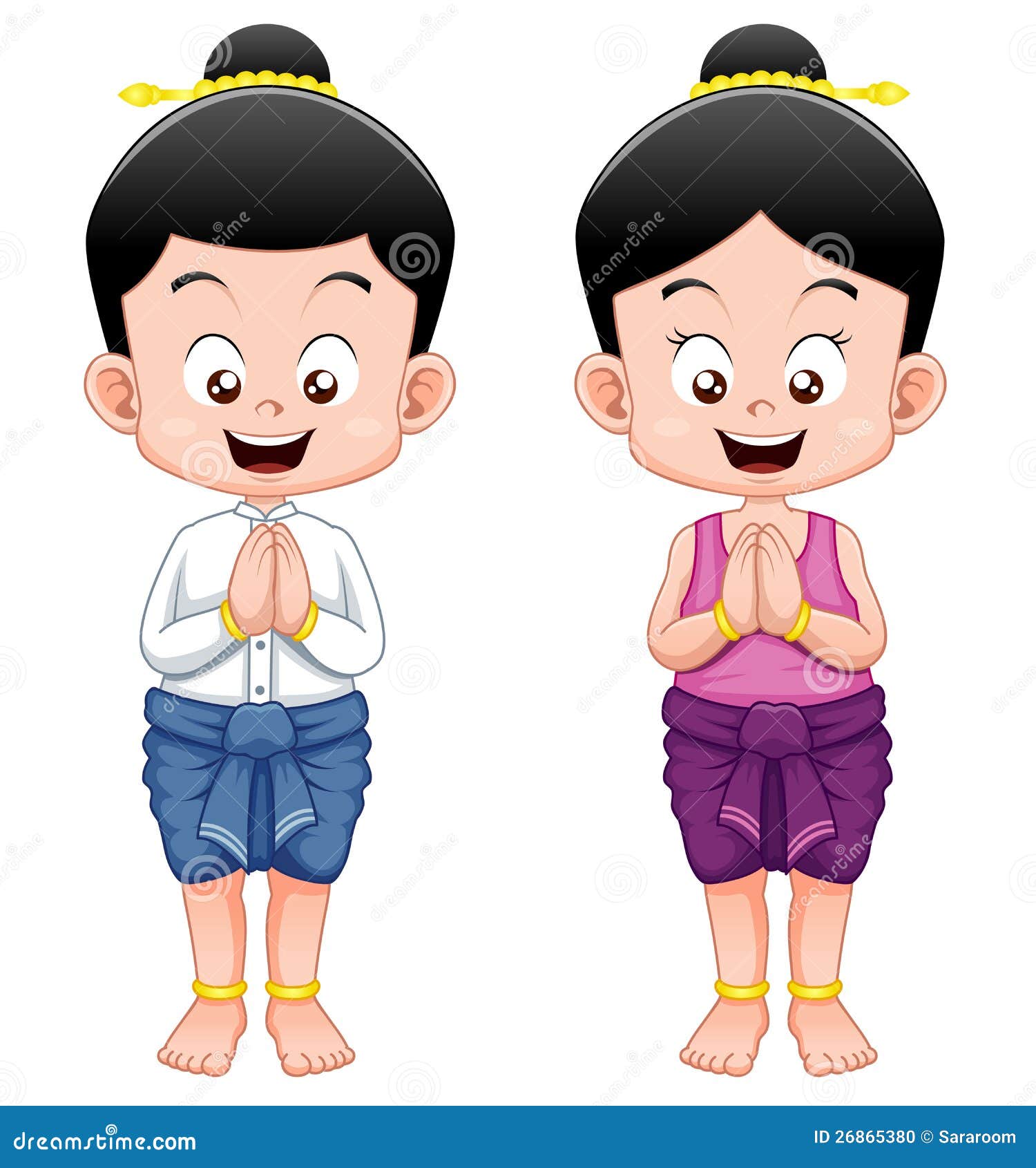 Boy And Girl In Traditional Costume,Thai Greeting Sawasdee Cartoon ...