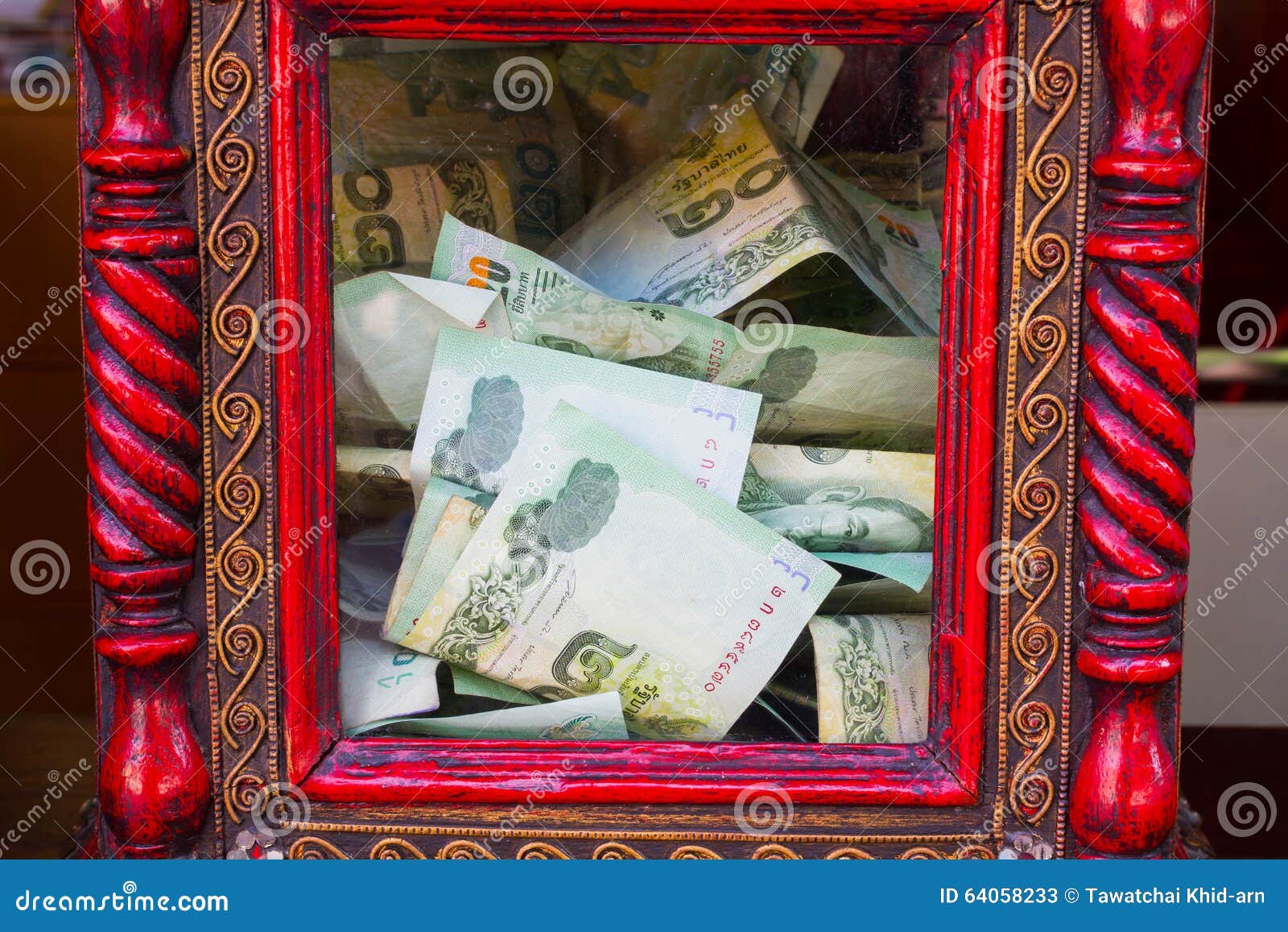 Thai Money in Red Donation Box in Temple. Stock Image - Image of ...