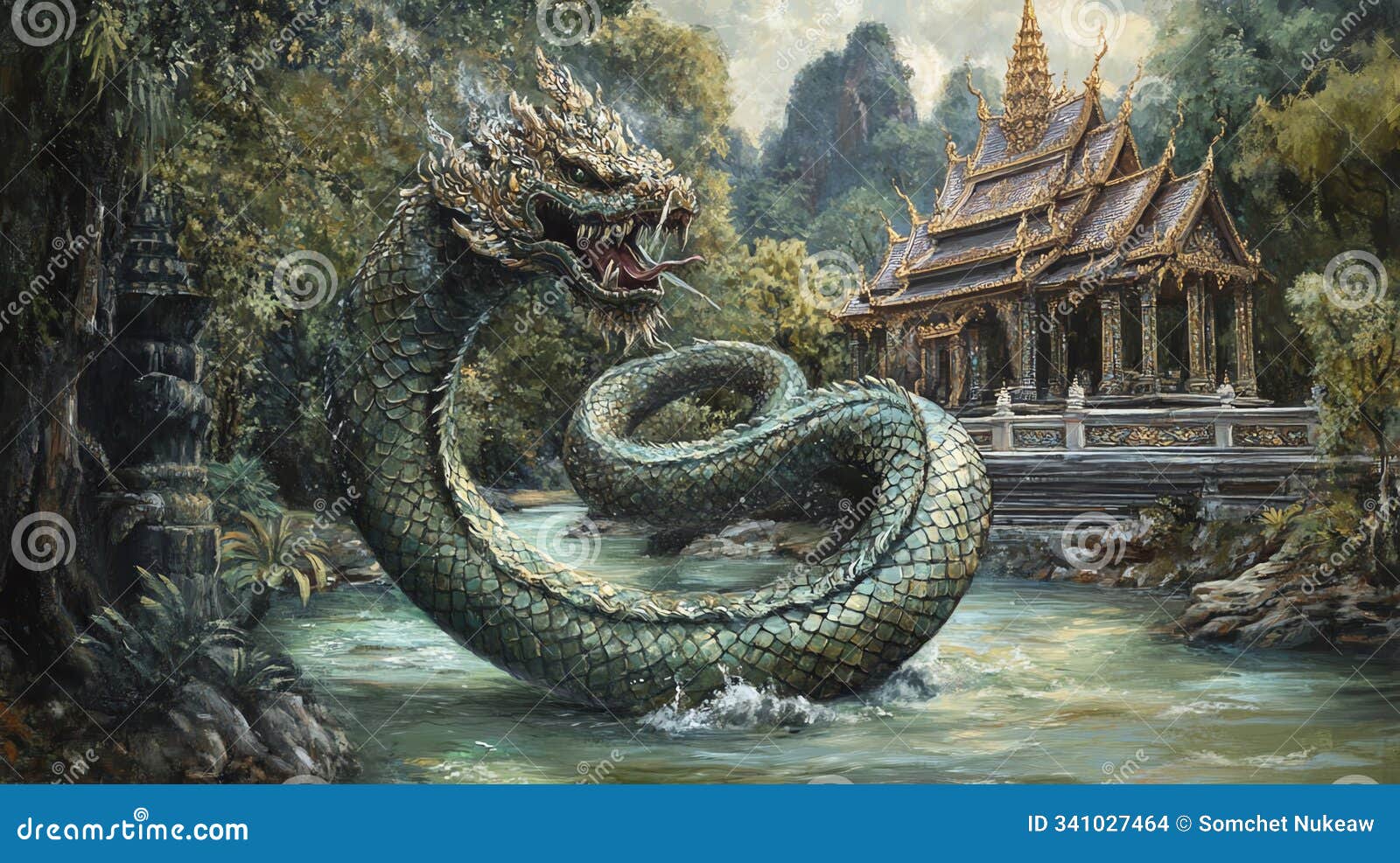A Thai Naga, a Serpent Guardian, Coiling Around a Temple by the River ...