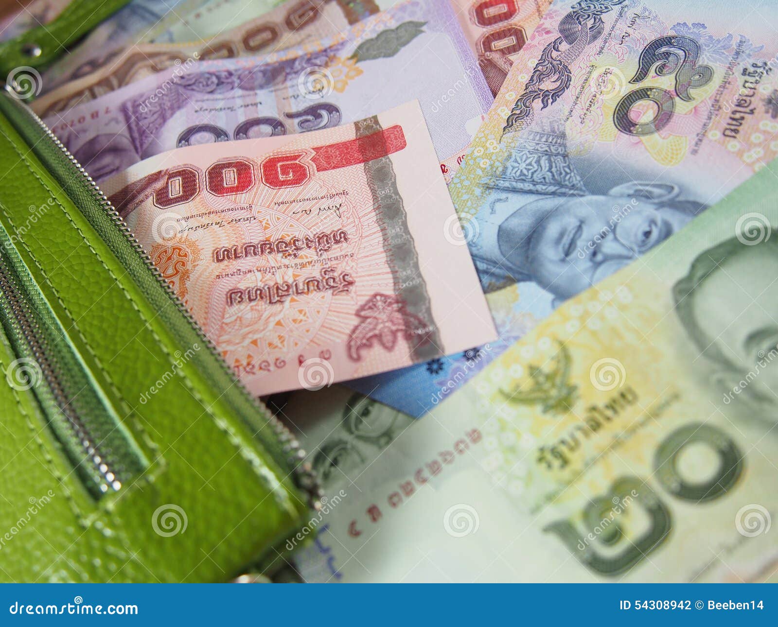 Thai Notes Money in the Green Purse Stock Photo - Image of financial ...