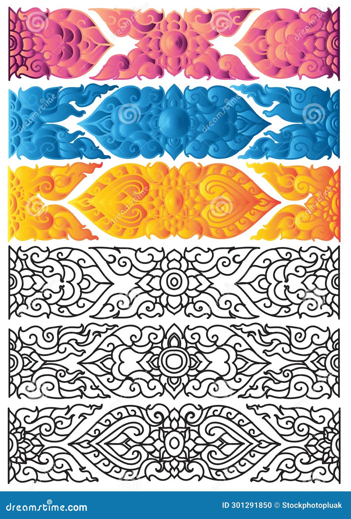 Thai Pattern Flowers Traditional Colors Black and White Stock ...