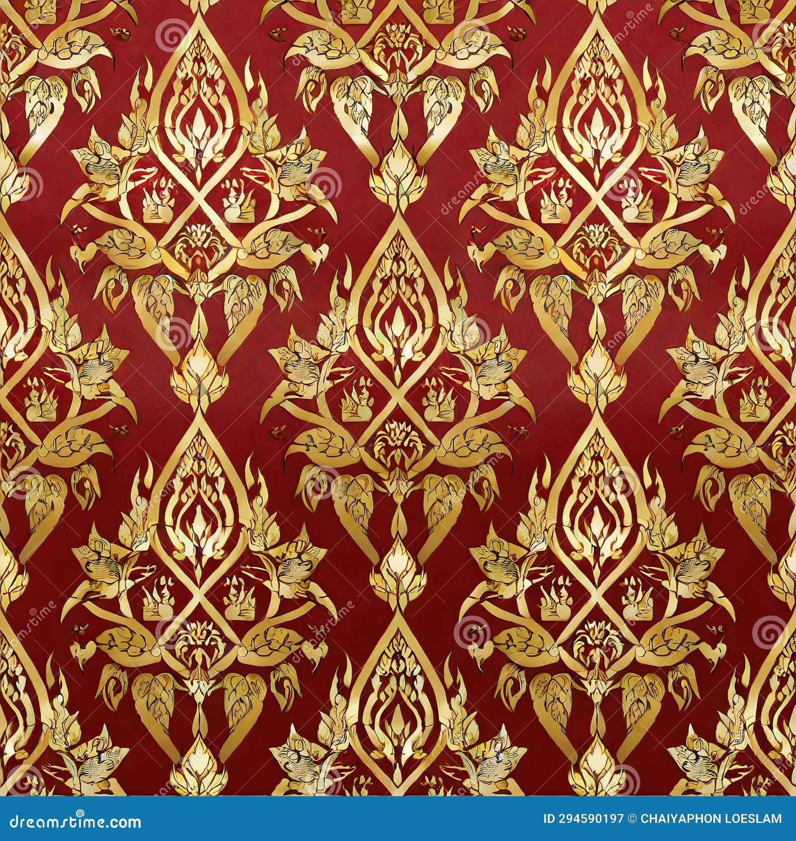 Thai Pattern Seamless, Red and Gold Stock Illustration - Illustration ...