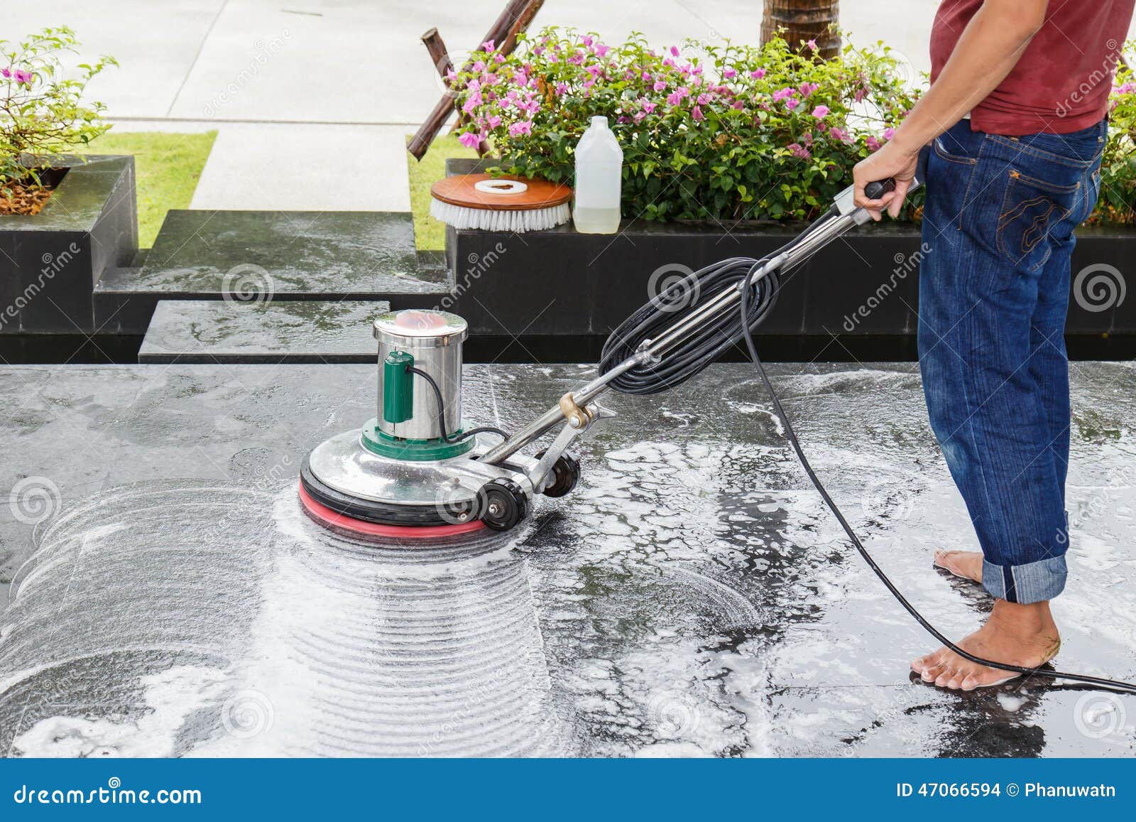 Thai People Cleaning Black Granite Floor with Machine and Chemical ...