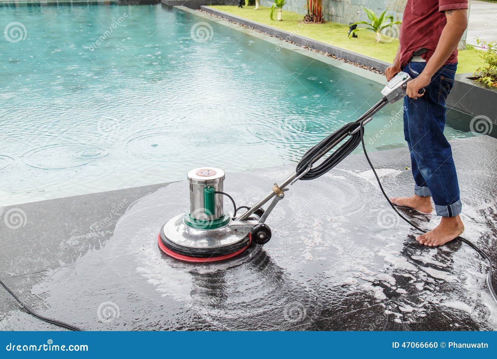 Thai People Cleaning Black Granite Floor with Machine and Chemical ...