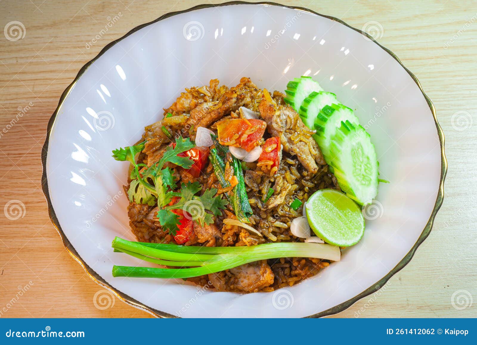 Thai Railway Fried Rice on a White Plate Stock Photo - Image of green ...