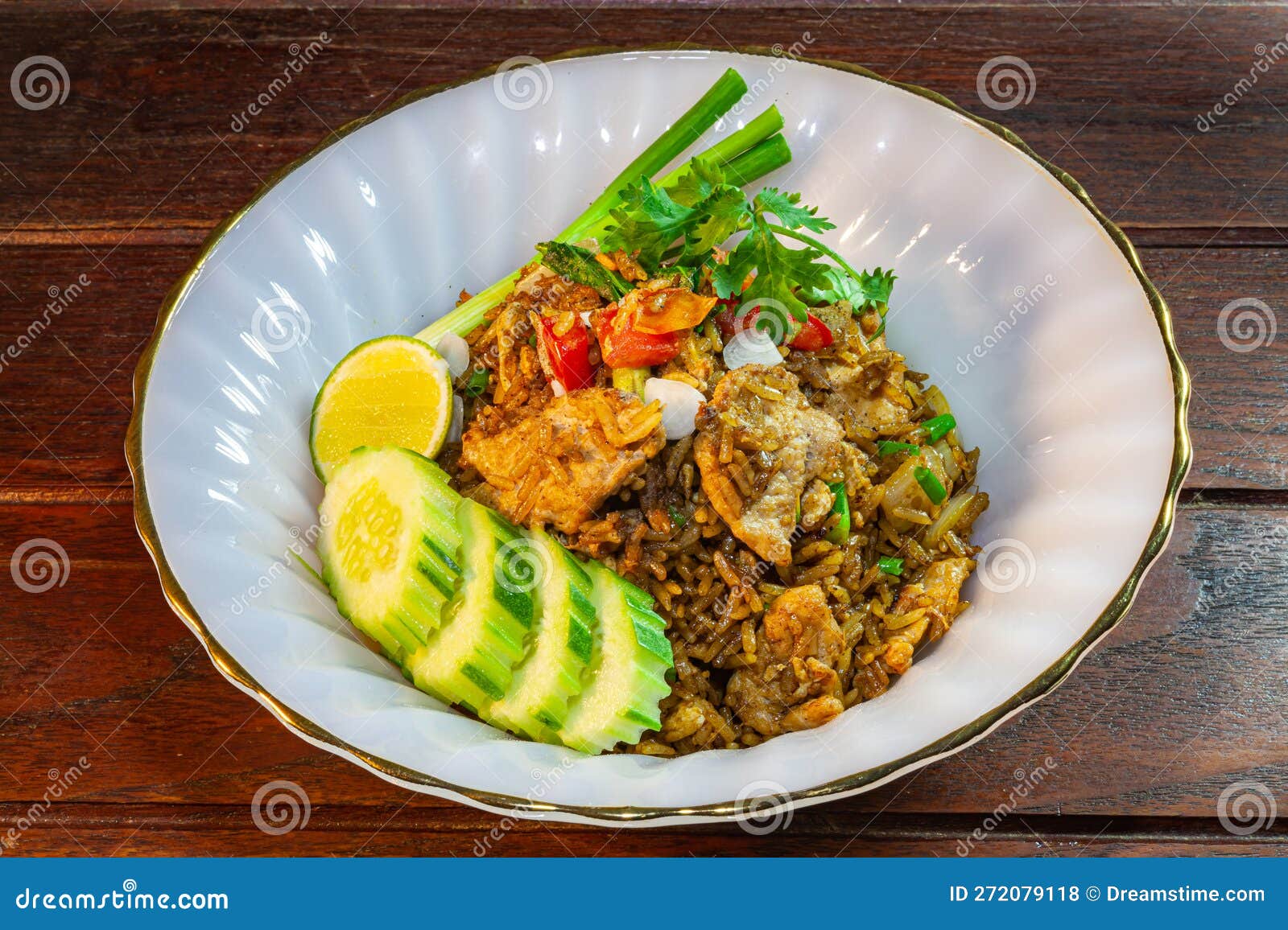 Thai Railway Fried Rice on a White Plate Stock Photo - Image of closeup ...